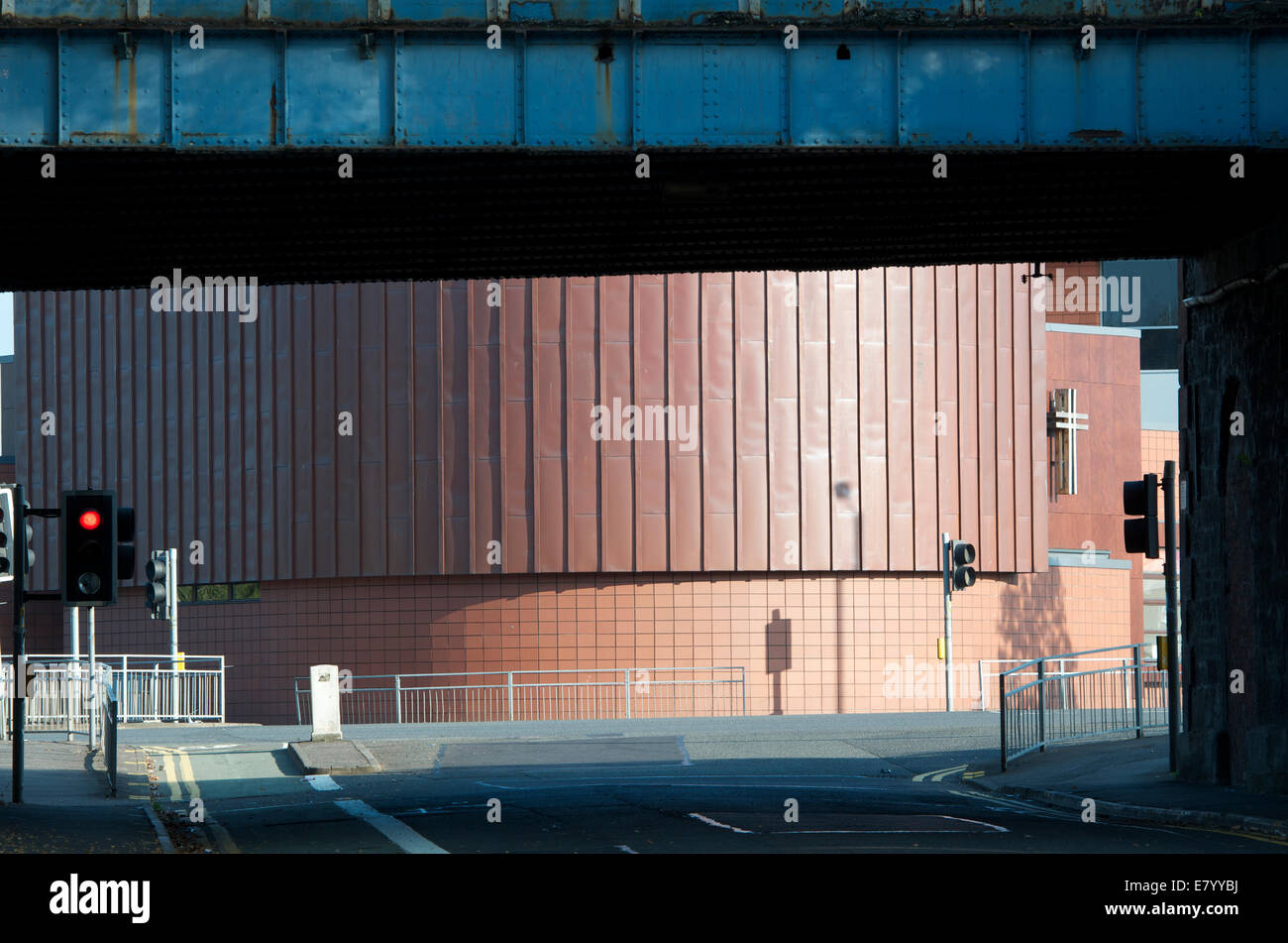 New Gorbals Parish Church viewed through the railway bridge crossing ...