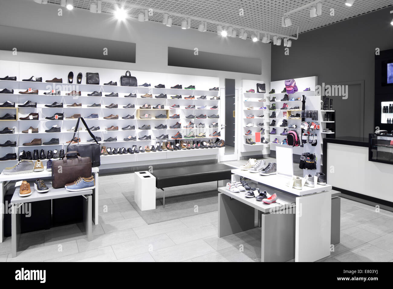 bright and fashionable interior of shoe store in modern mall Stock ...