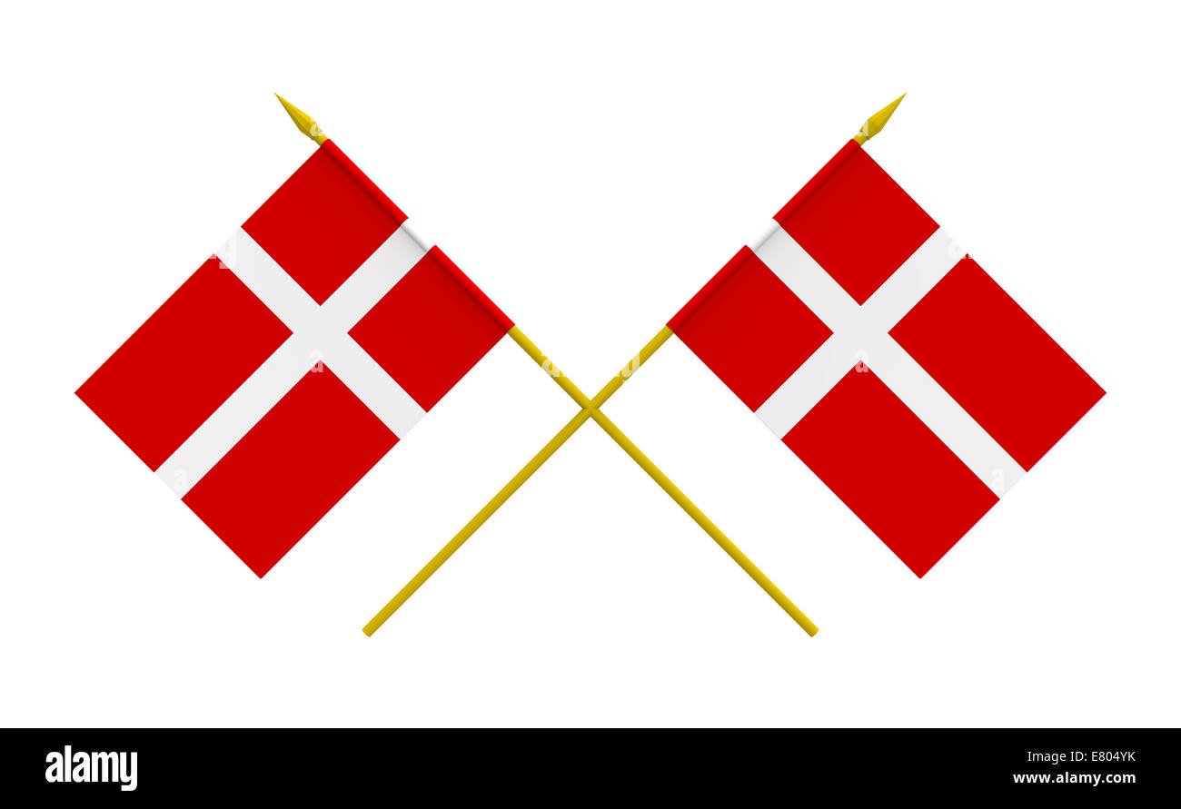 Two crossed flags of Denmark, 3d render, isolated on white Stock Photo ...