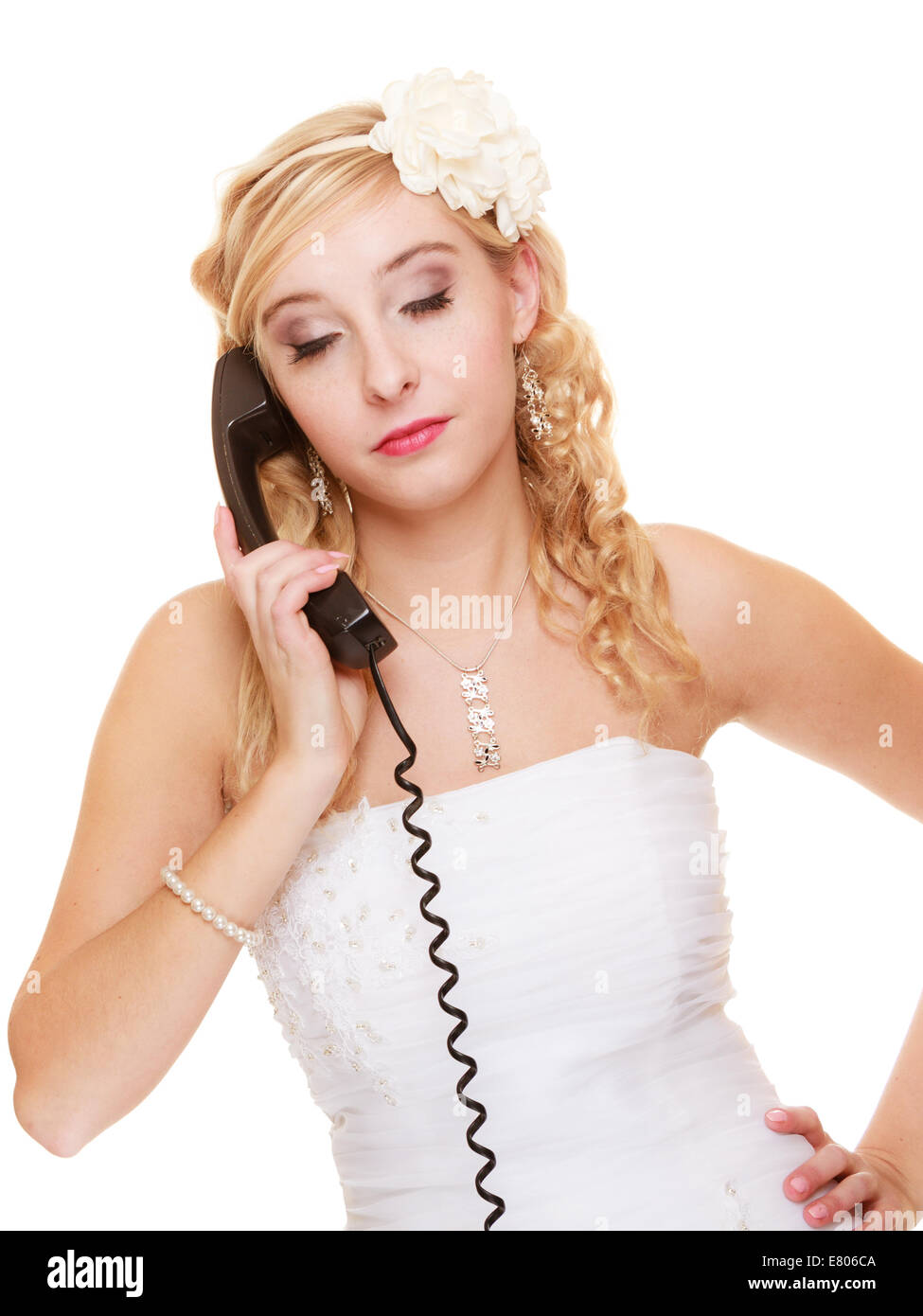 Wedding relationship difficulties. Sad woman talking on the phone ...