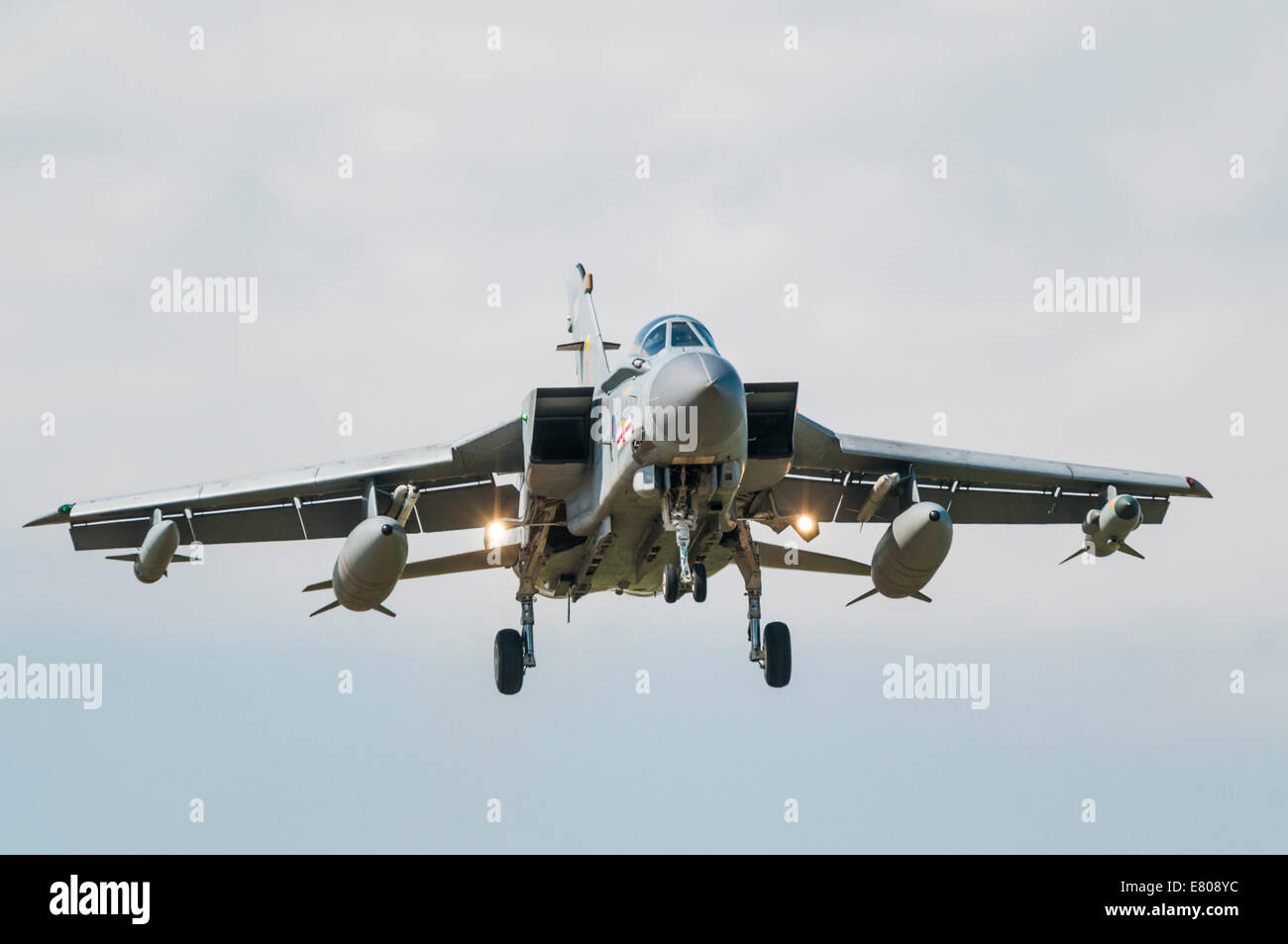RAF 41 Squadron Tornado aeroplane approaching head on with landing gear ...