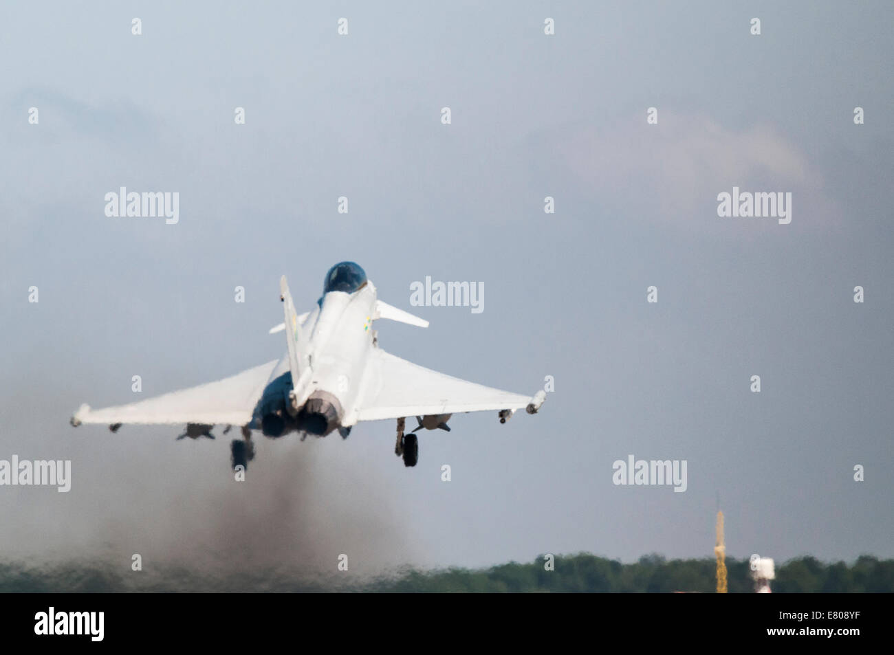 Rear view of RAF 3 Squadron Eurofighter typhoon aeroplane taking off ...