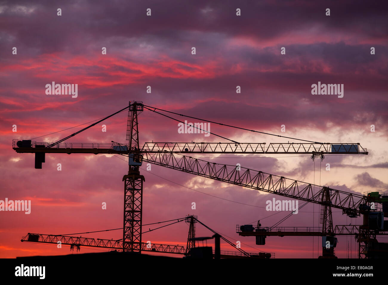 Color picture of some cranes on a construction site, as dusk Stock ...