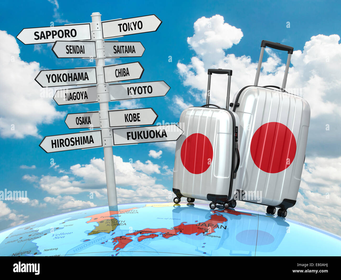 Travel concept. Suitcases and signpost what to visit in Japan. 3d Stock ...