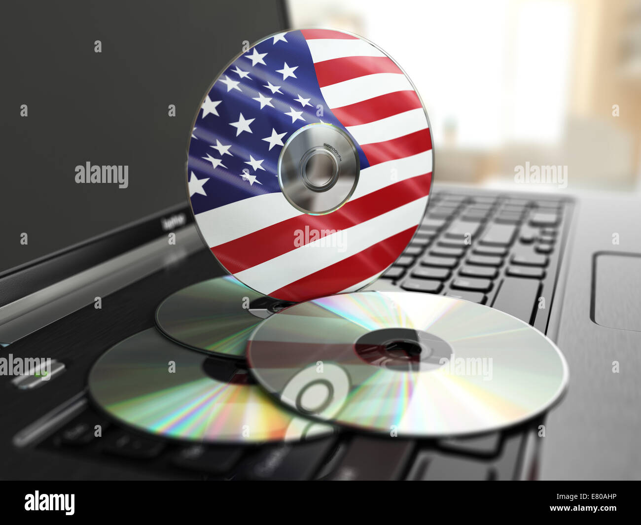 Software made in USA CD on laptop keyboard. Compact disks. 3d Stock ...