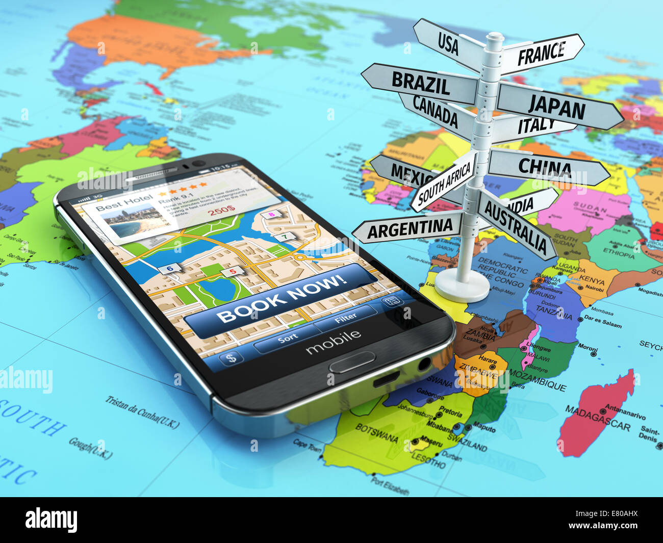 Travel and tourism concept. Booking hotel by smartphone and destination ...