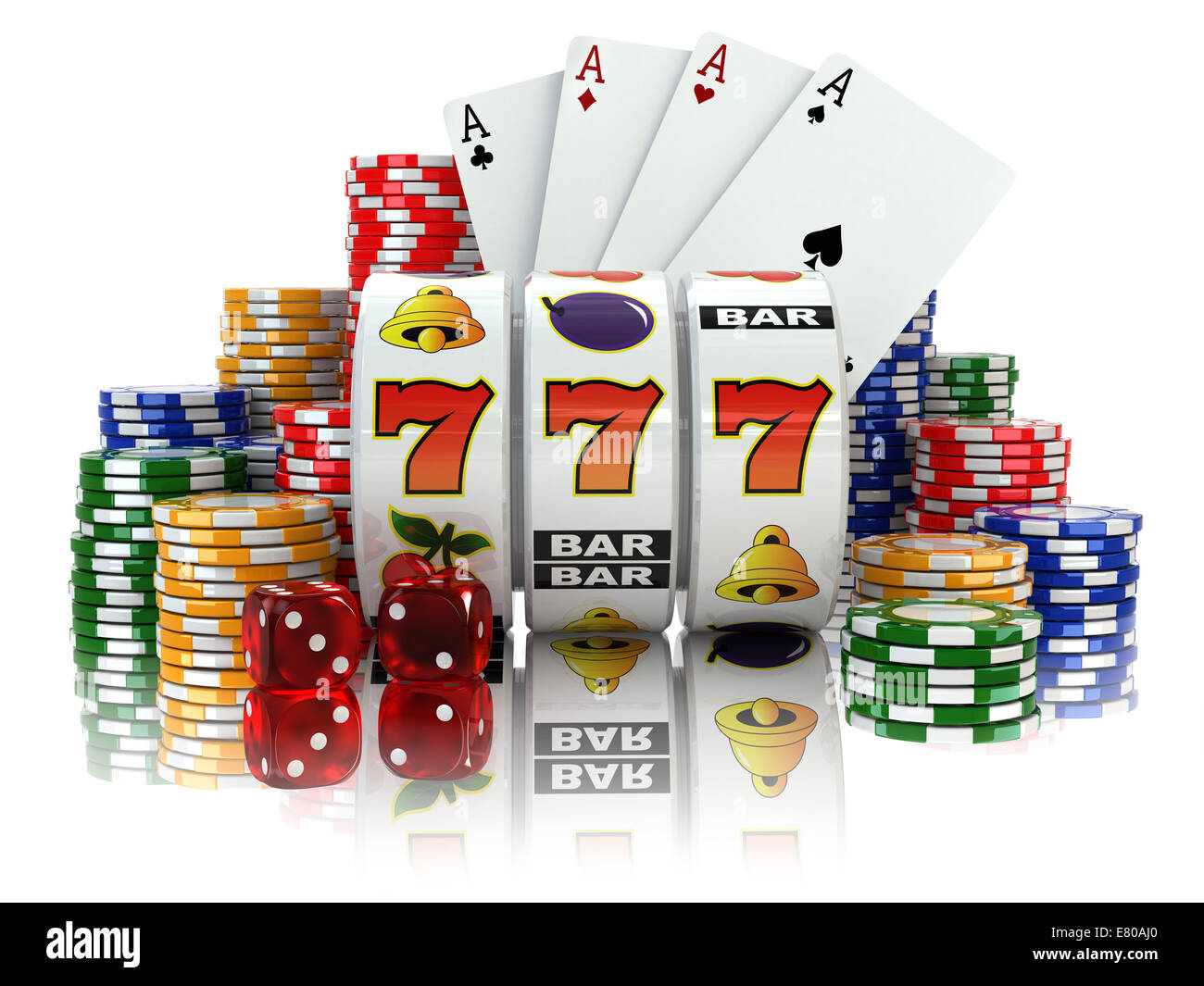 Casino. Slot machine with jackpot, dice, cards and chips. 3d Stock ...