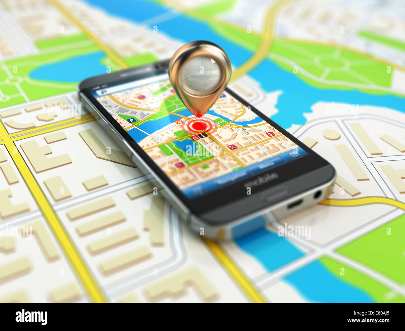 Mobile GPS navigation concept. Smartphone on map of the city, 3d Stock ...