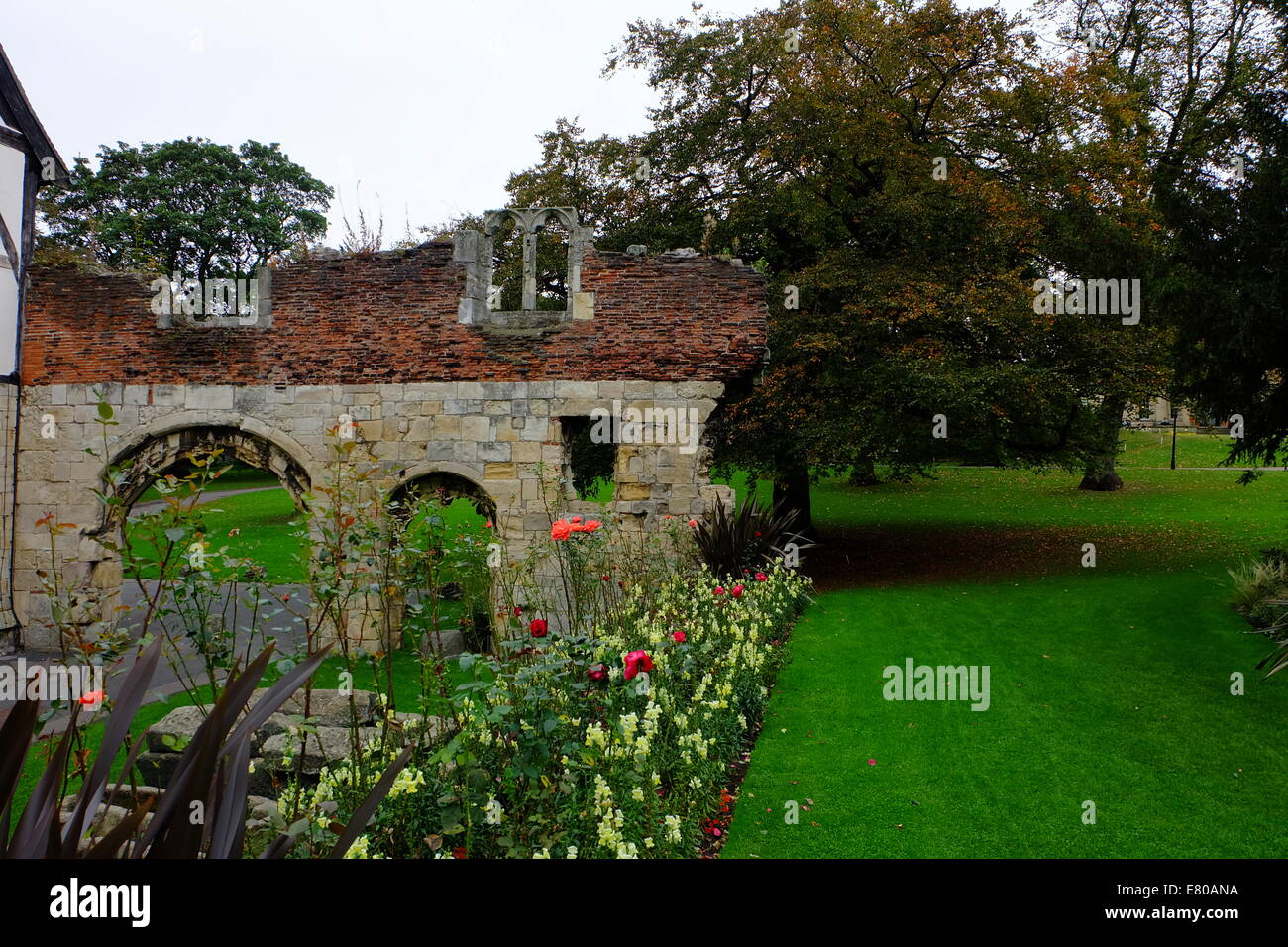 York, Museum Gardens. Flower boarder and ruin Stock Photo - Alamy