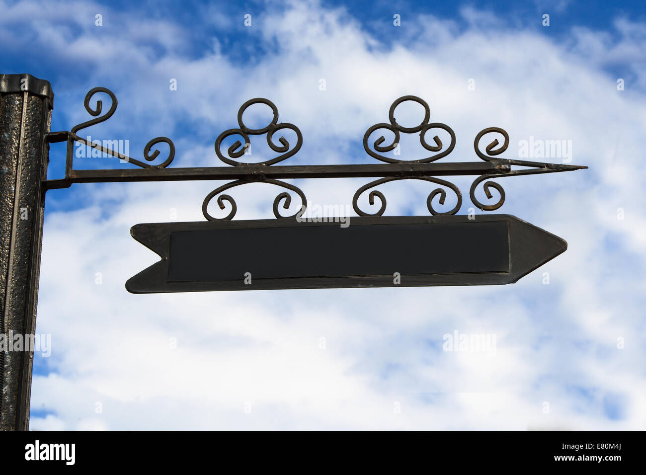 Black, dark, blank, empty, metal sign board with right arrow direction ...