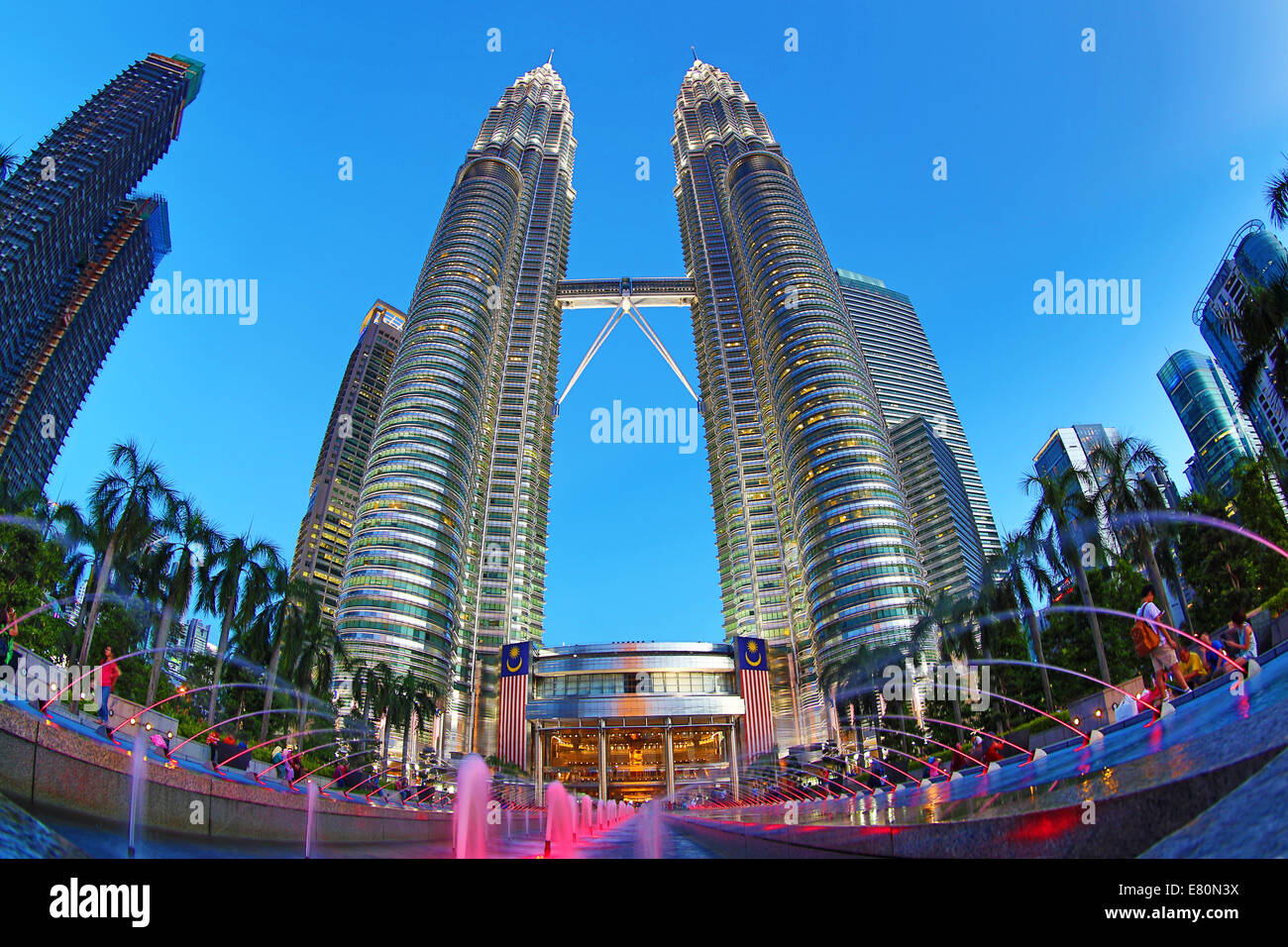 Evening view of the Petronas Twin Towers at KLCC in Kuala Lumpur ...