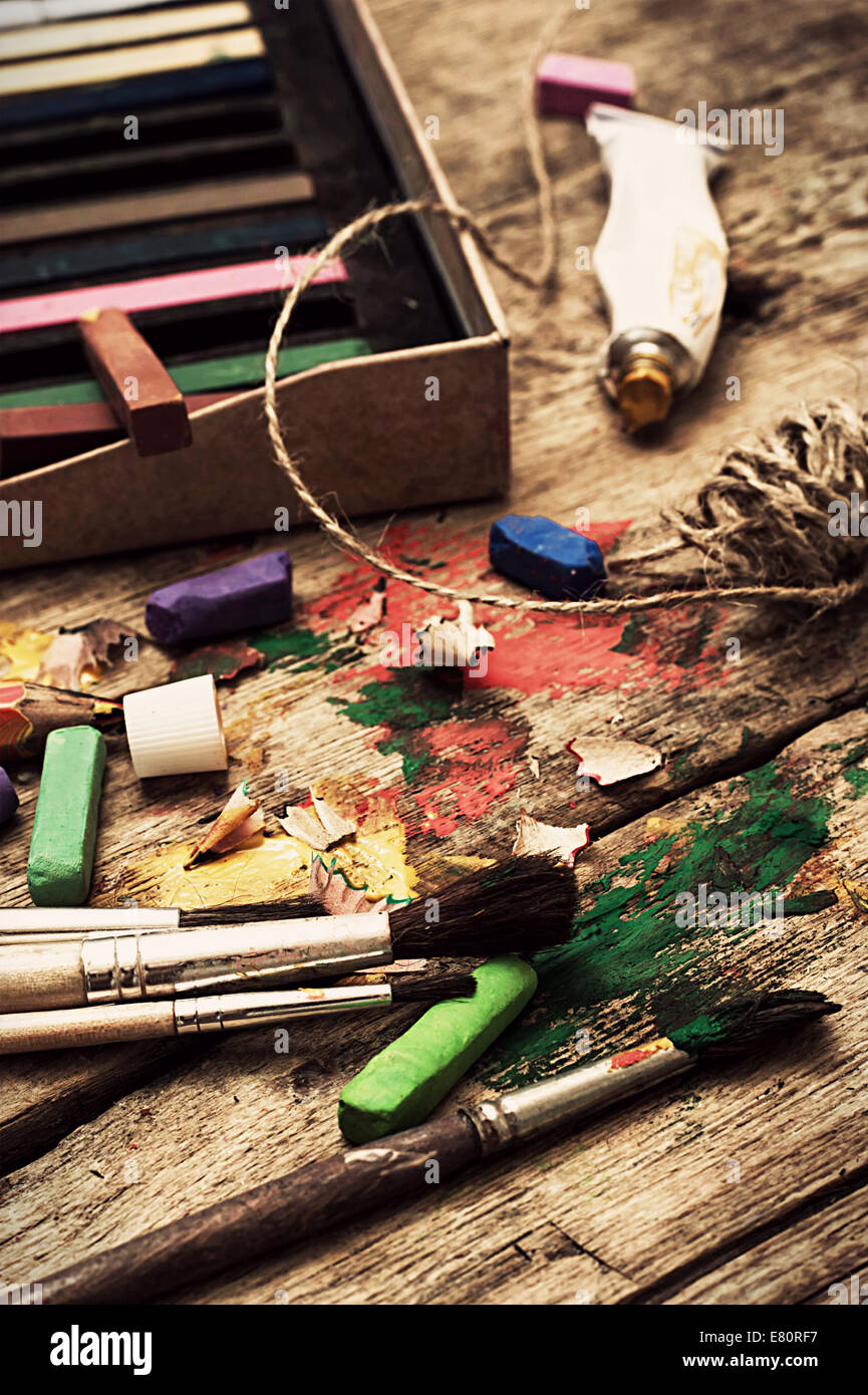 color paints,crayons and pencils for drawing in old style Stock Photo ...