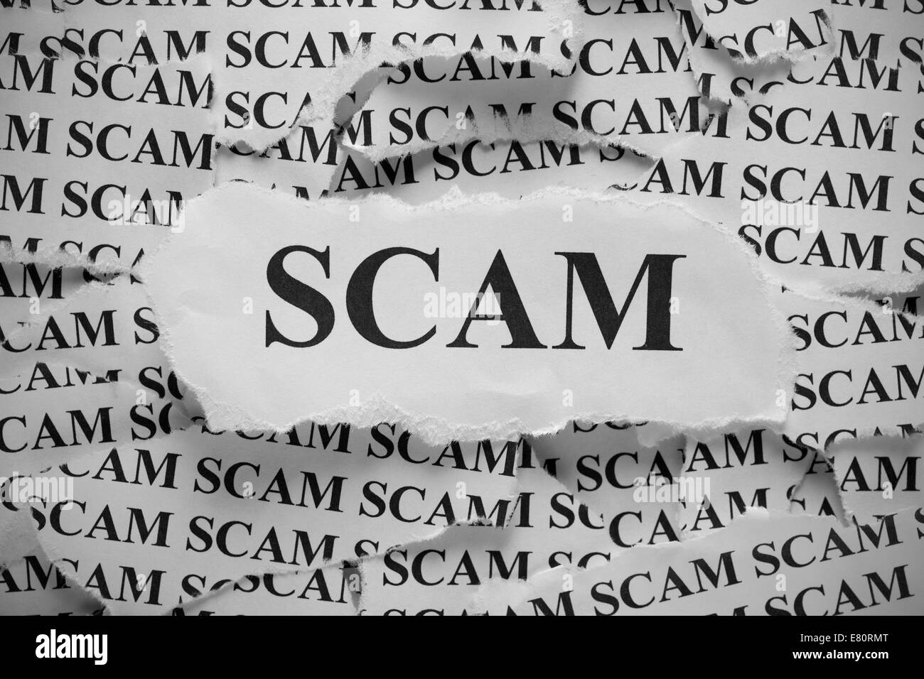 Torn pieces of paper with the word "Scam". Black and White. Close-up ...