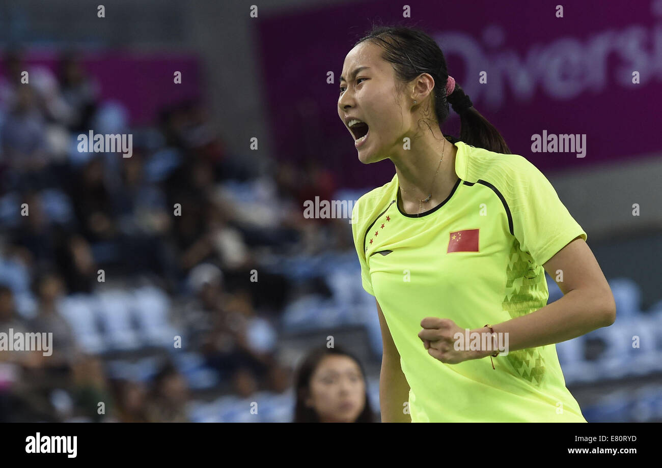 Incheon, South Korea. 28th Sep, 2014. Wang Yihan of China celebrates ...