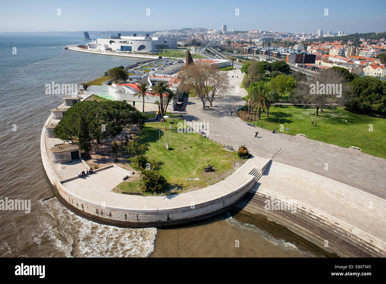 Promenade and park along Belem District waterfront by the Tagus river ...