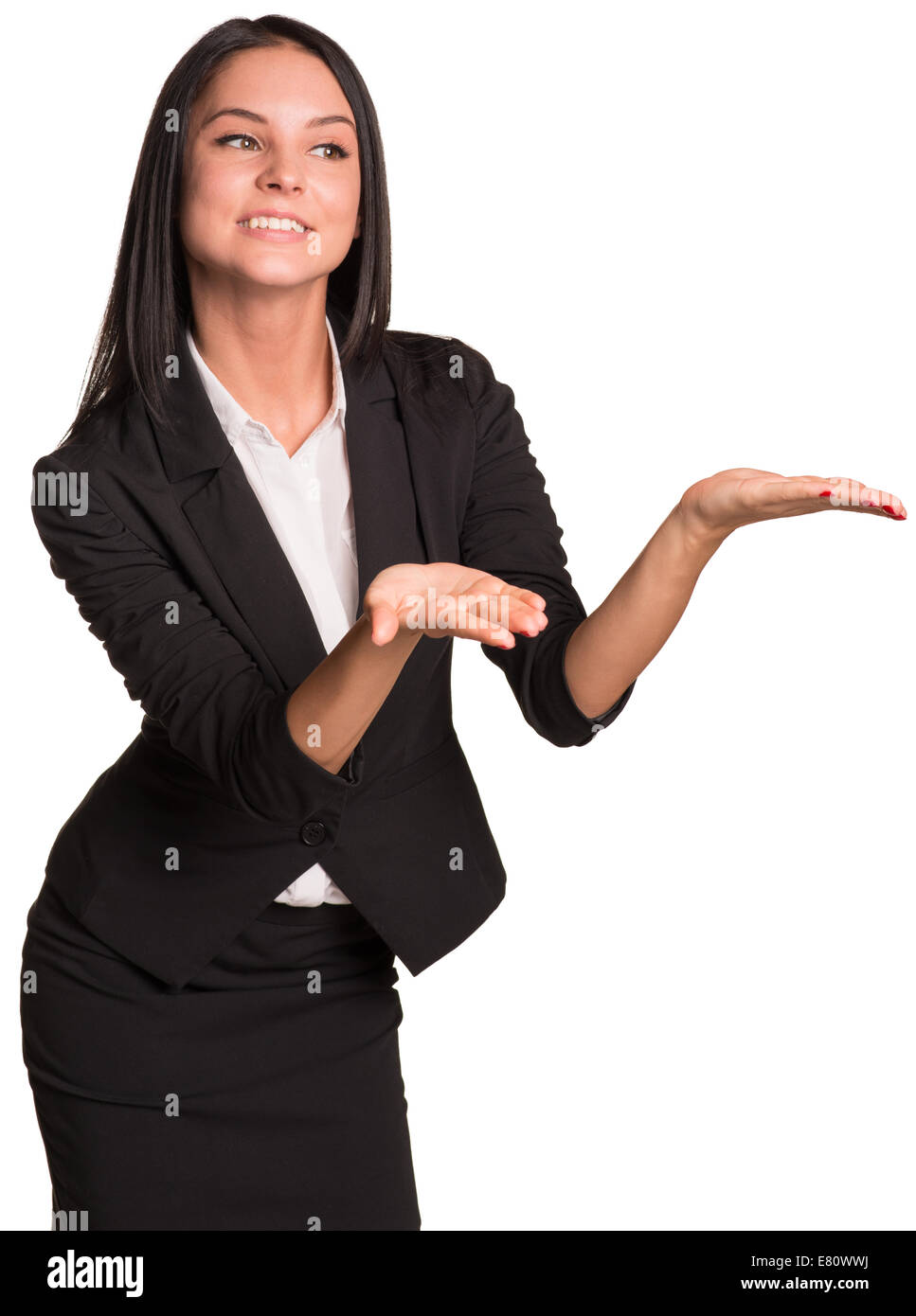 Beautiful women in suit showing empty palms Stock Photo - Alamy