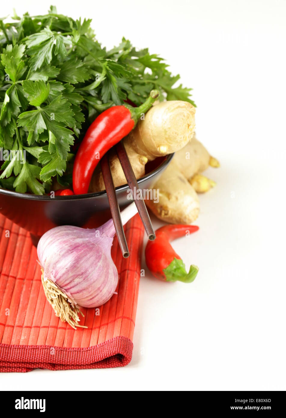 Asian food ingredients (ginger, chilli, coriander and garlic) in ...