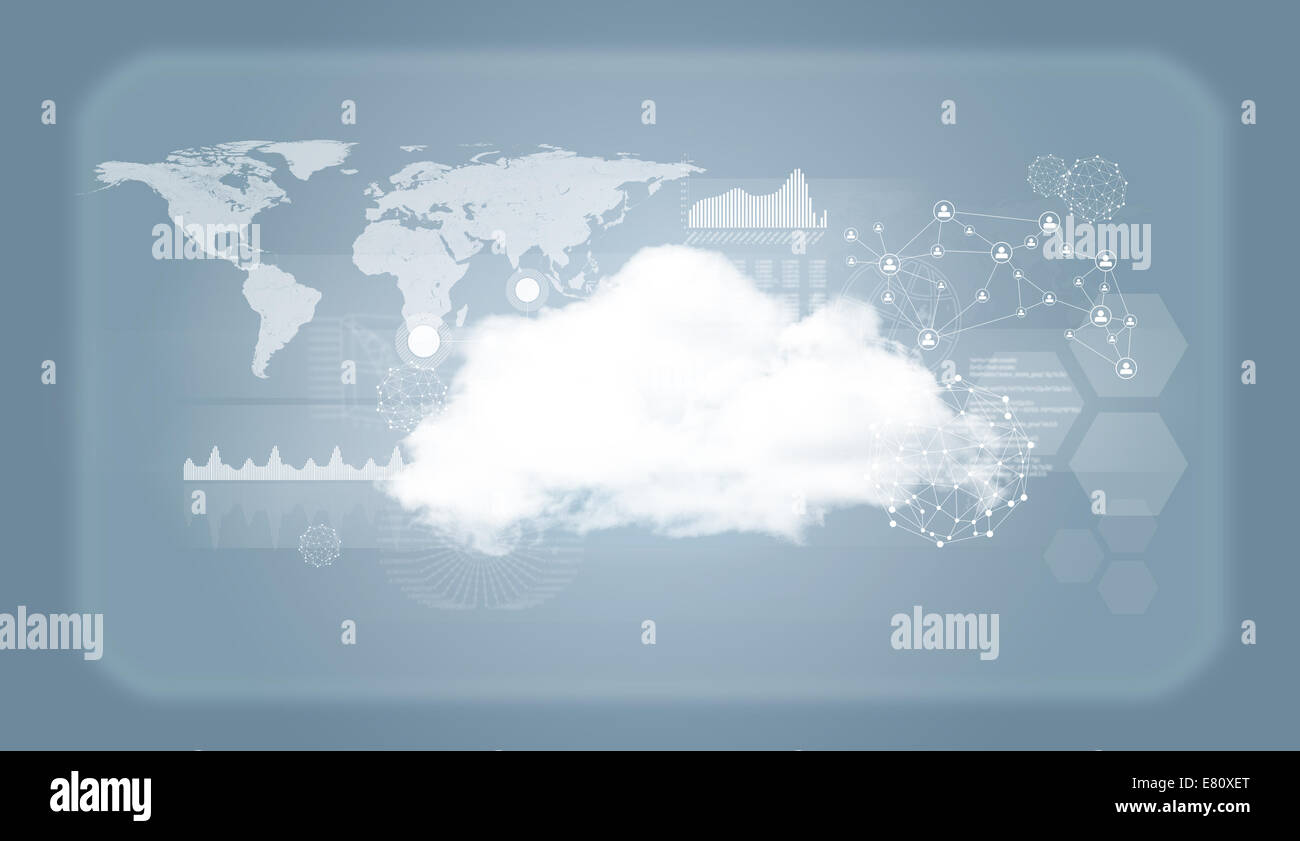 Cloud with world map, network and graphs Stock Photo - Alamy