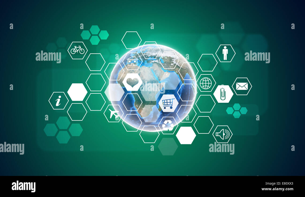 Earth and hexagons with icons Stock Photo - Alamy