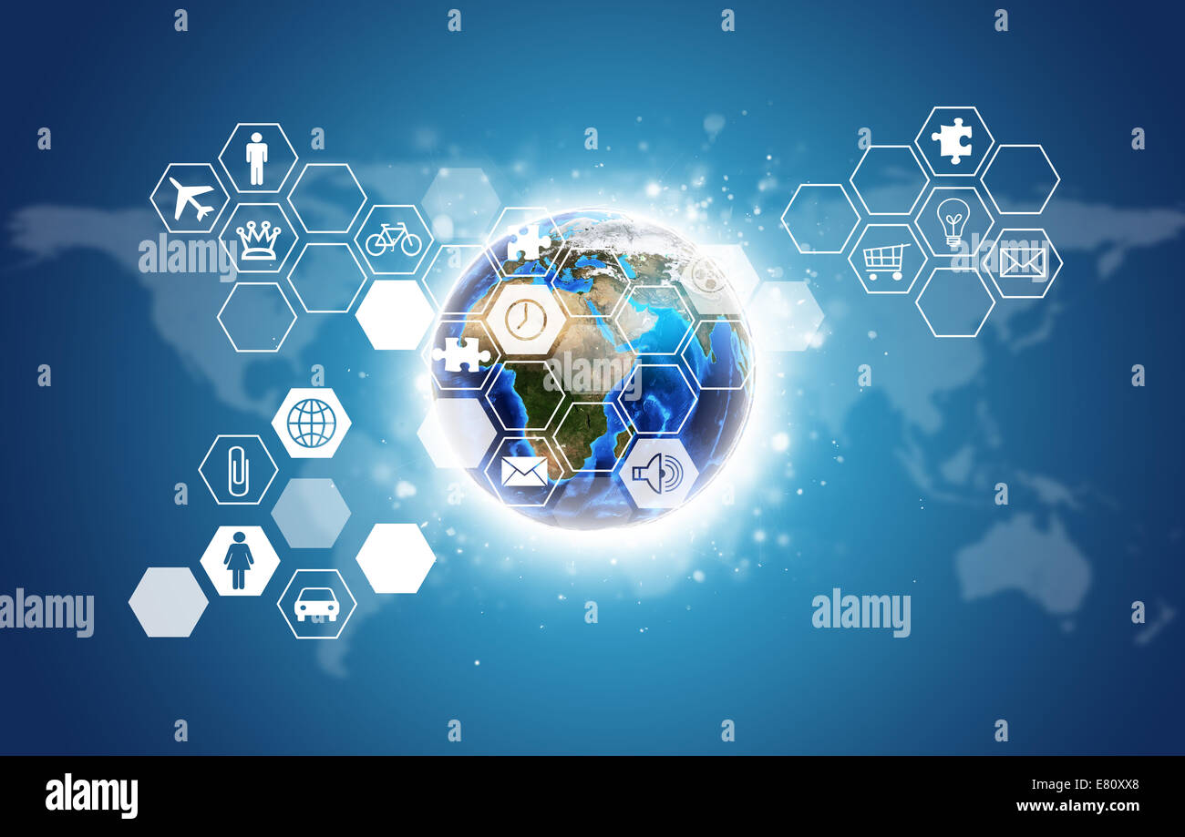 Earth and hexagons with icons Stock Photo - Alamy