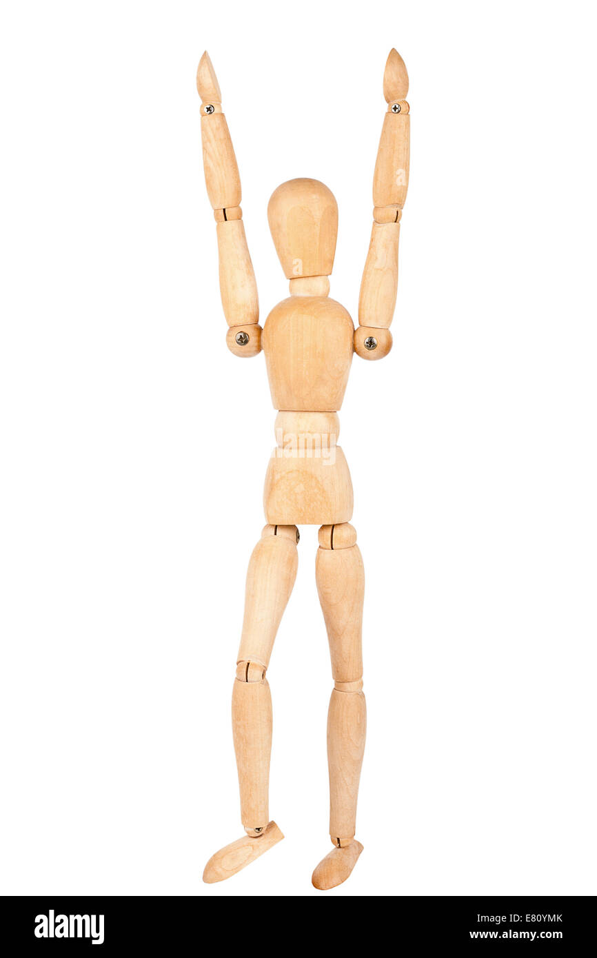 Wooden dummy with raised hands isolated on a white background Stock ...