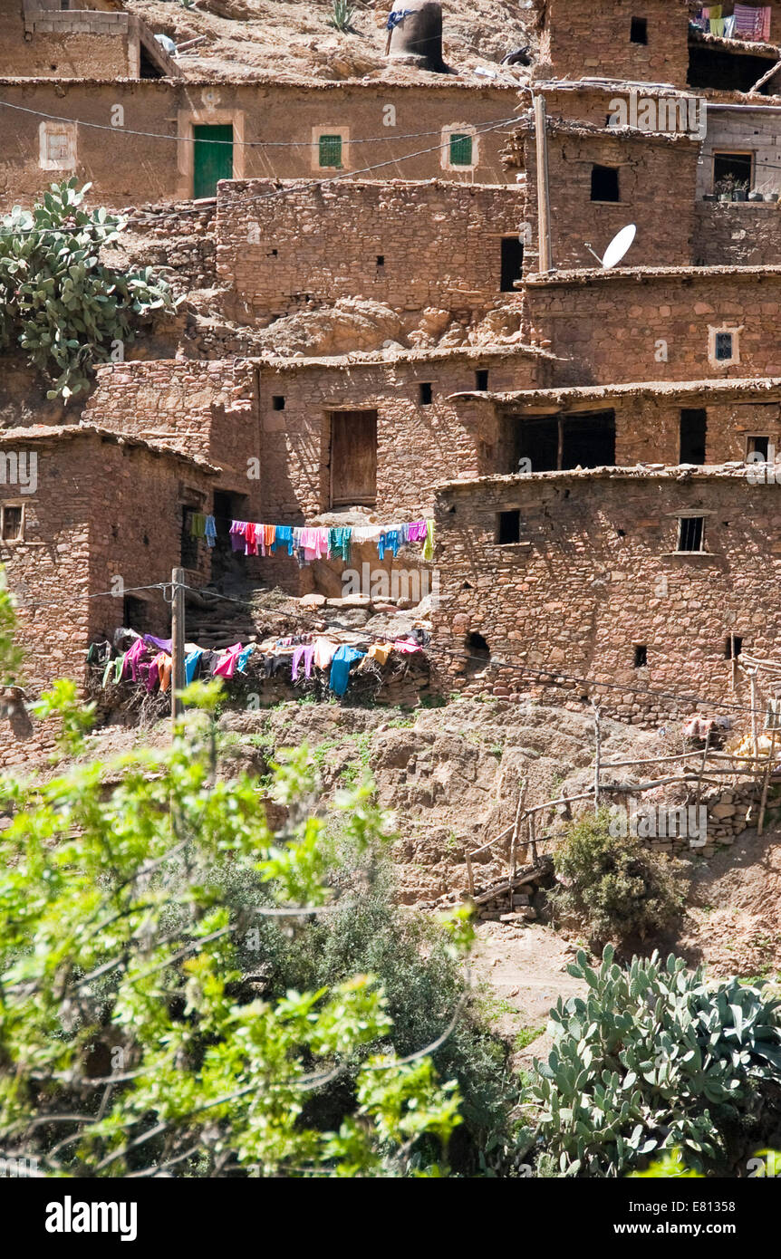 Vertical view of a traditional mudbrick Berber village in the foothills ...