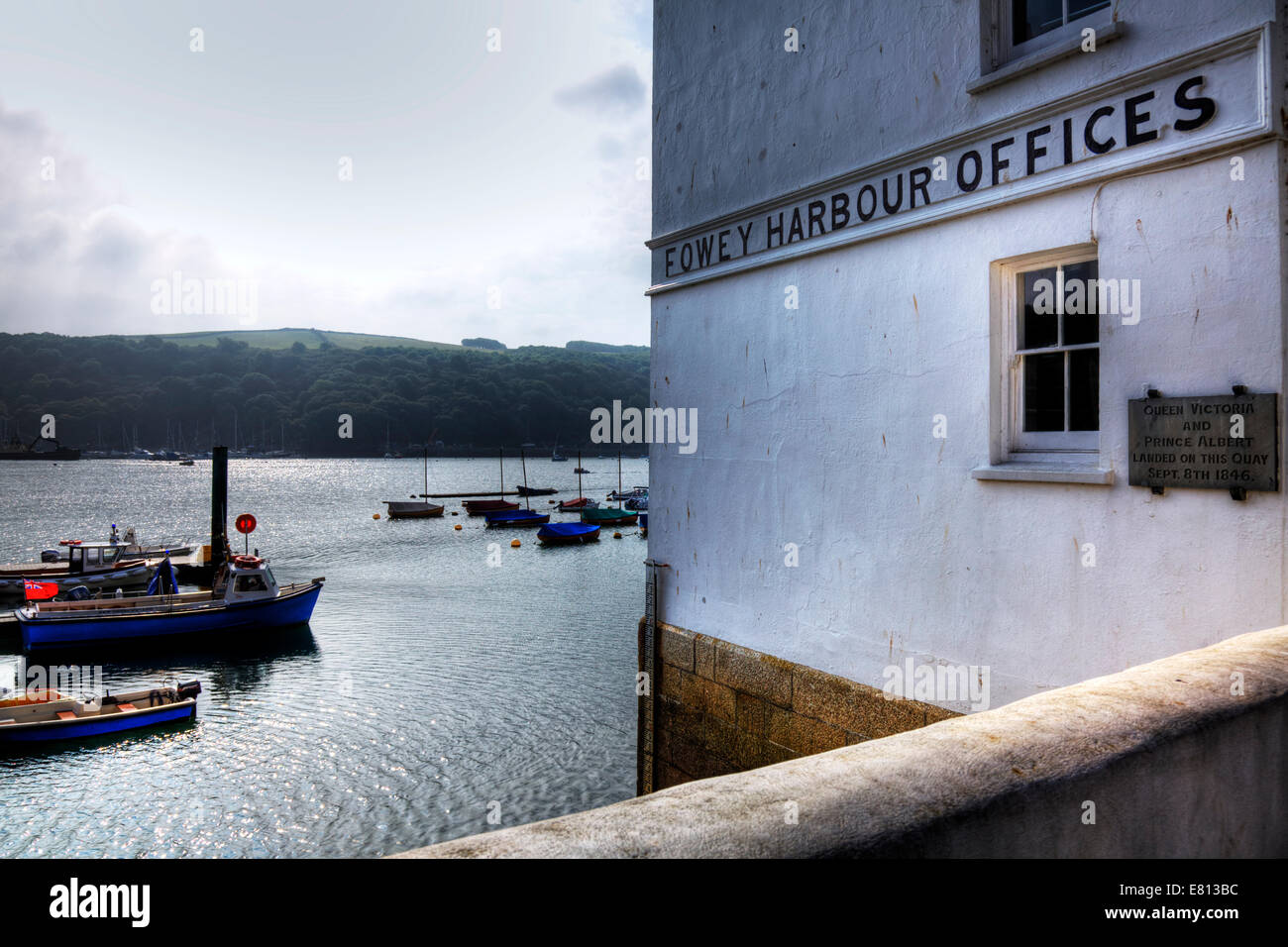 Fowey harbour offices boats building sea harbor Cornwall Cornish west ...