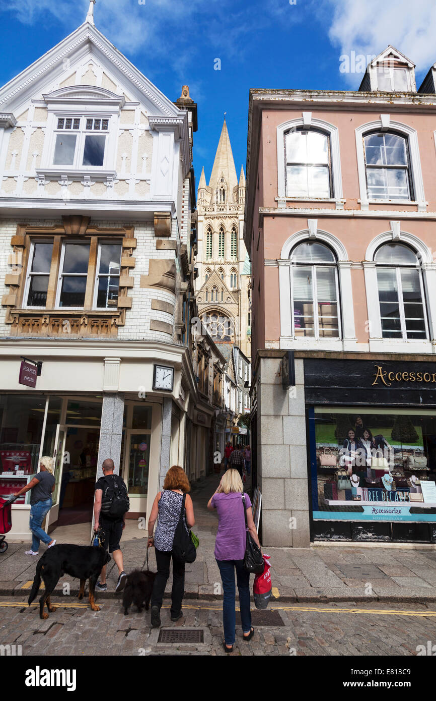 Truro city centre narrow ally way Cathedral shops shoppers Cornwall ...