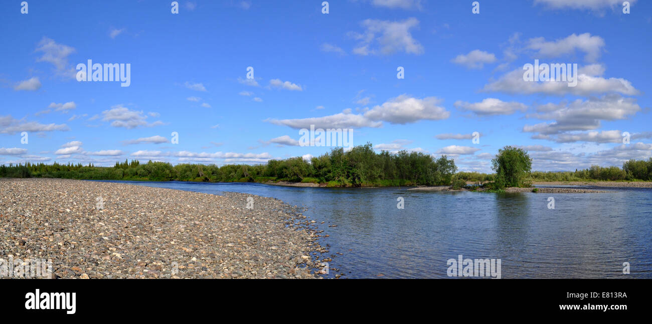 Panoramic river landscape in the polar Urals. Summer in the Russian ...