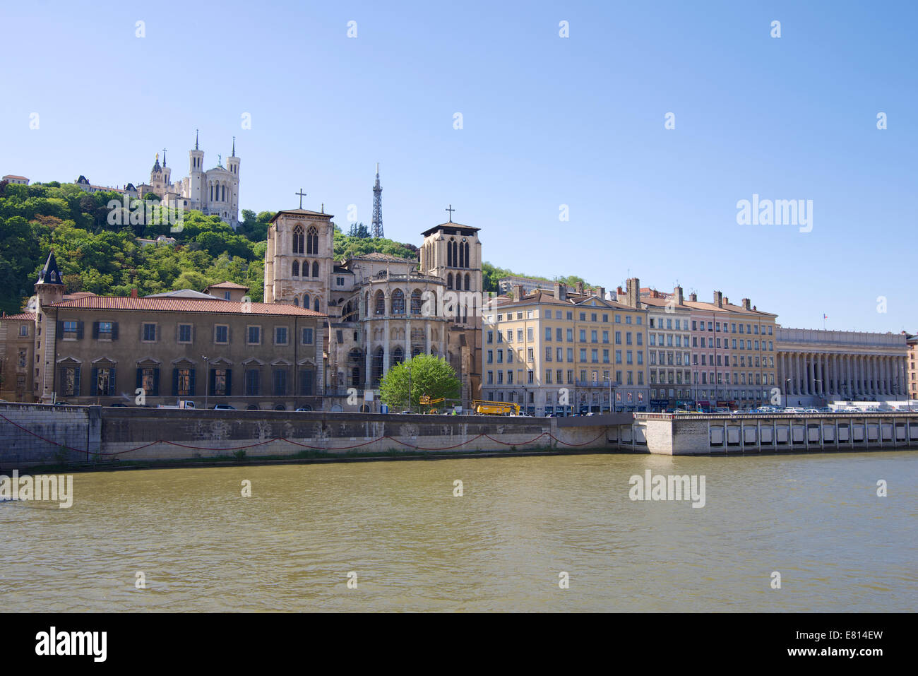 River front of Lyon with the Saint-Jean-Baptiste Cathedral and La ...