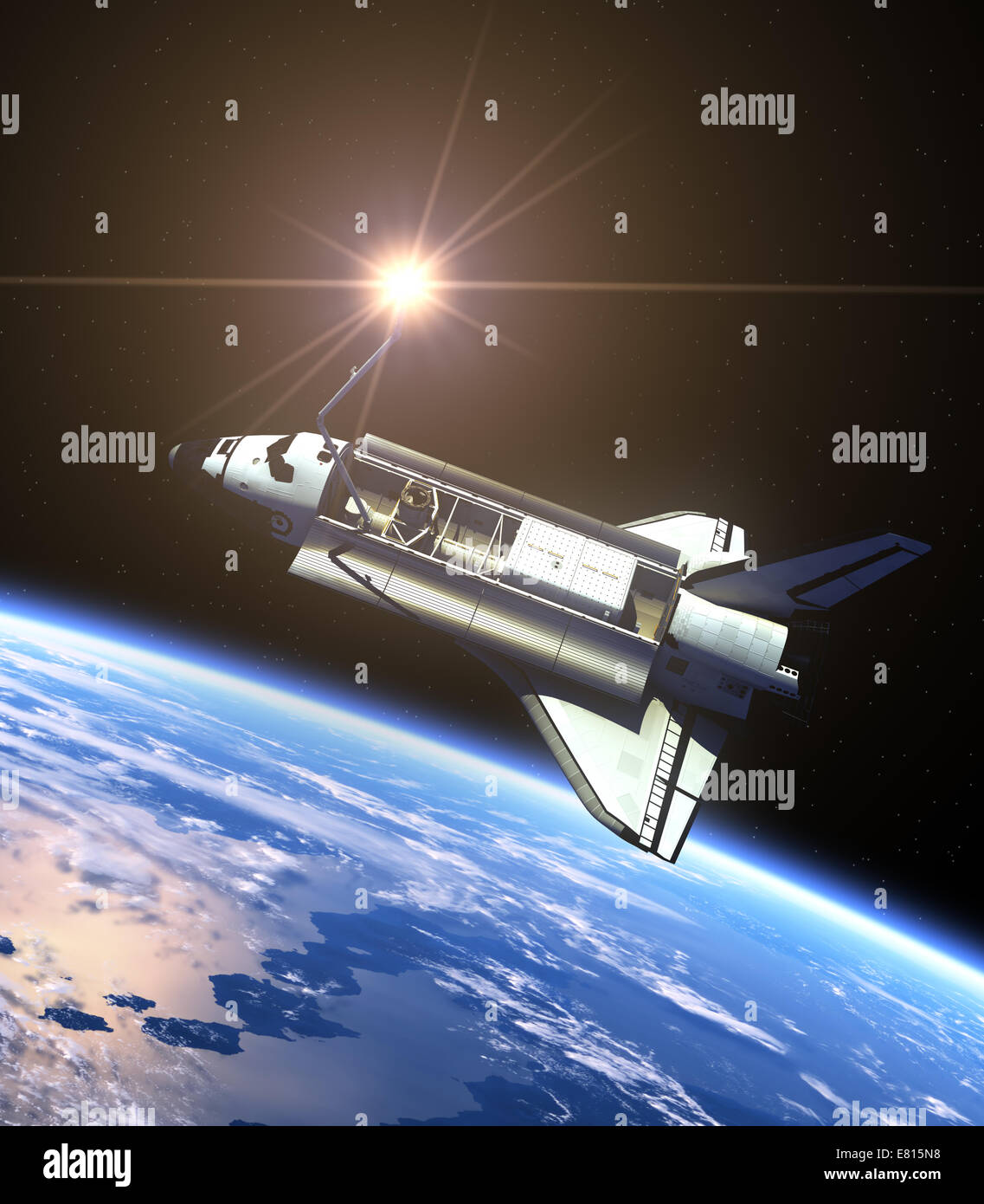 Space Shuttle And Sun. Realistic 3D Scene Stock Photo - Alamy
