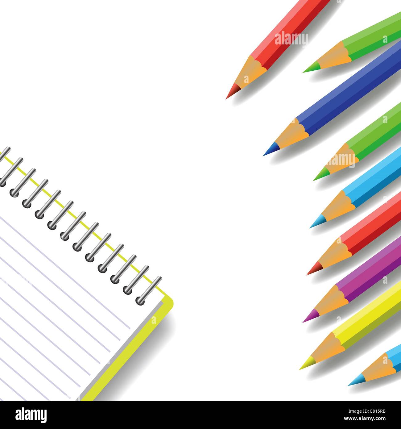 colorful illustration with notebook and pencils on a white background ...