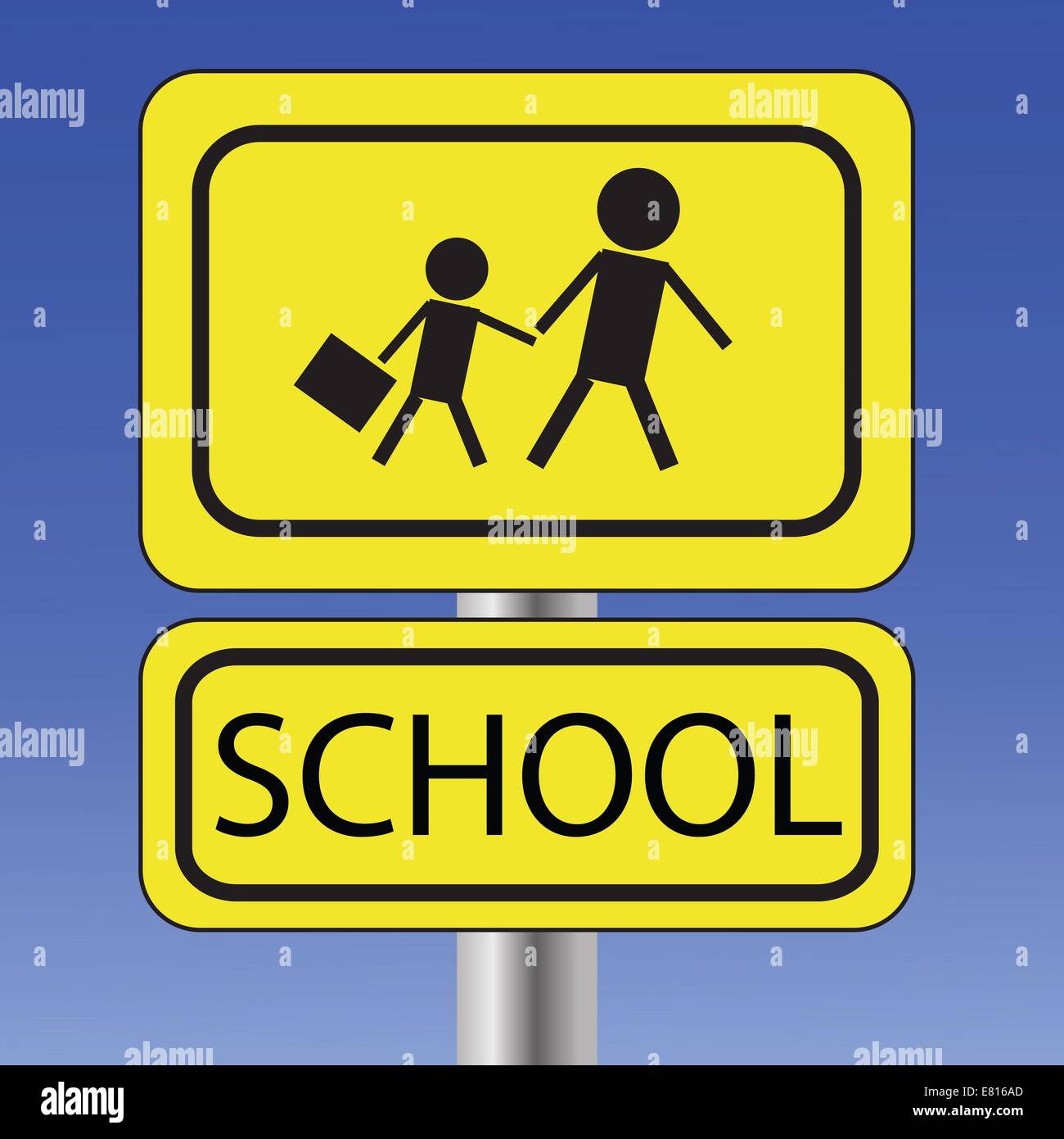 colorful illustration with yellow school sign on blue sky background ...