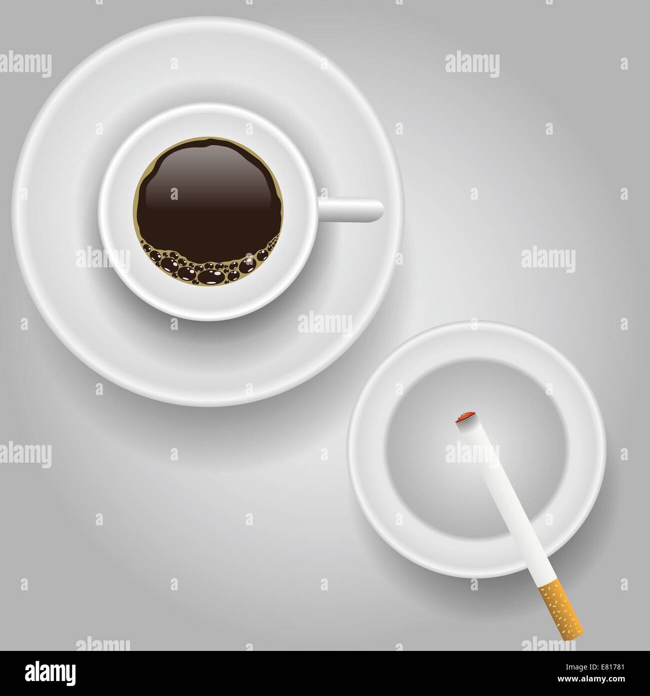 colorful illustration with cup of coffee and cigarette on a gray ...