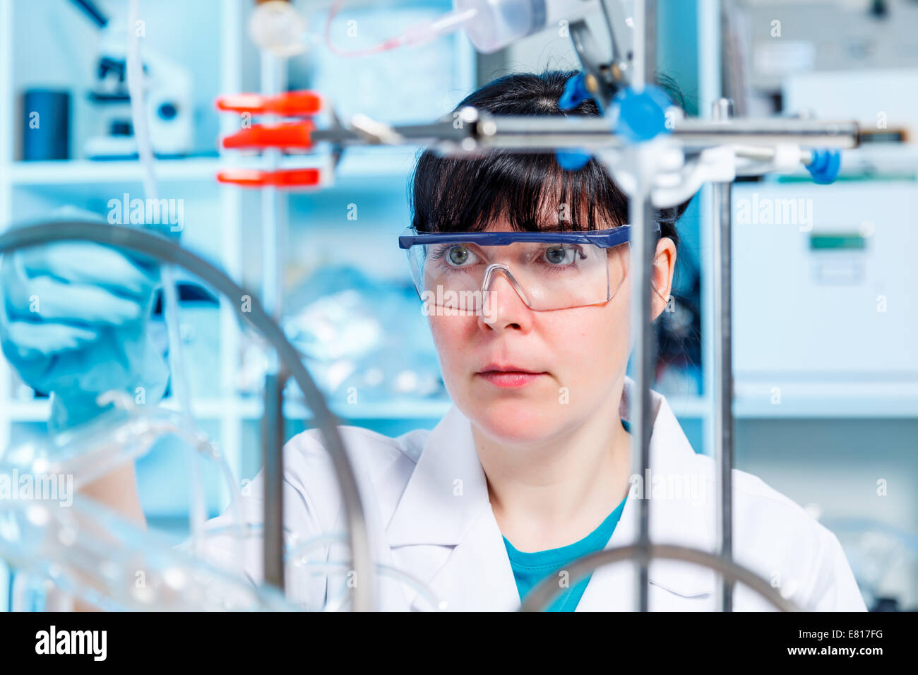 Female lab doing an experiment on the synthesis of the artificial ...