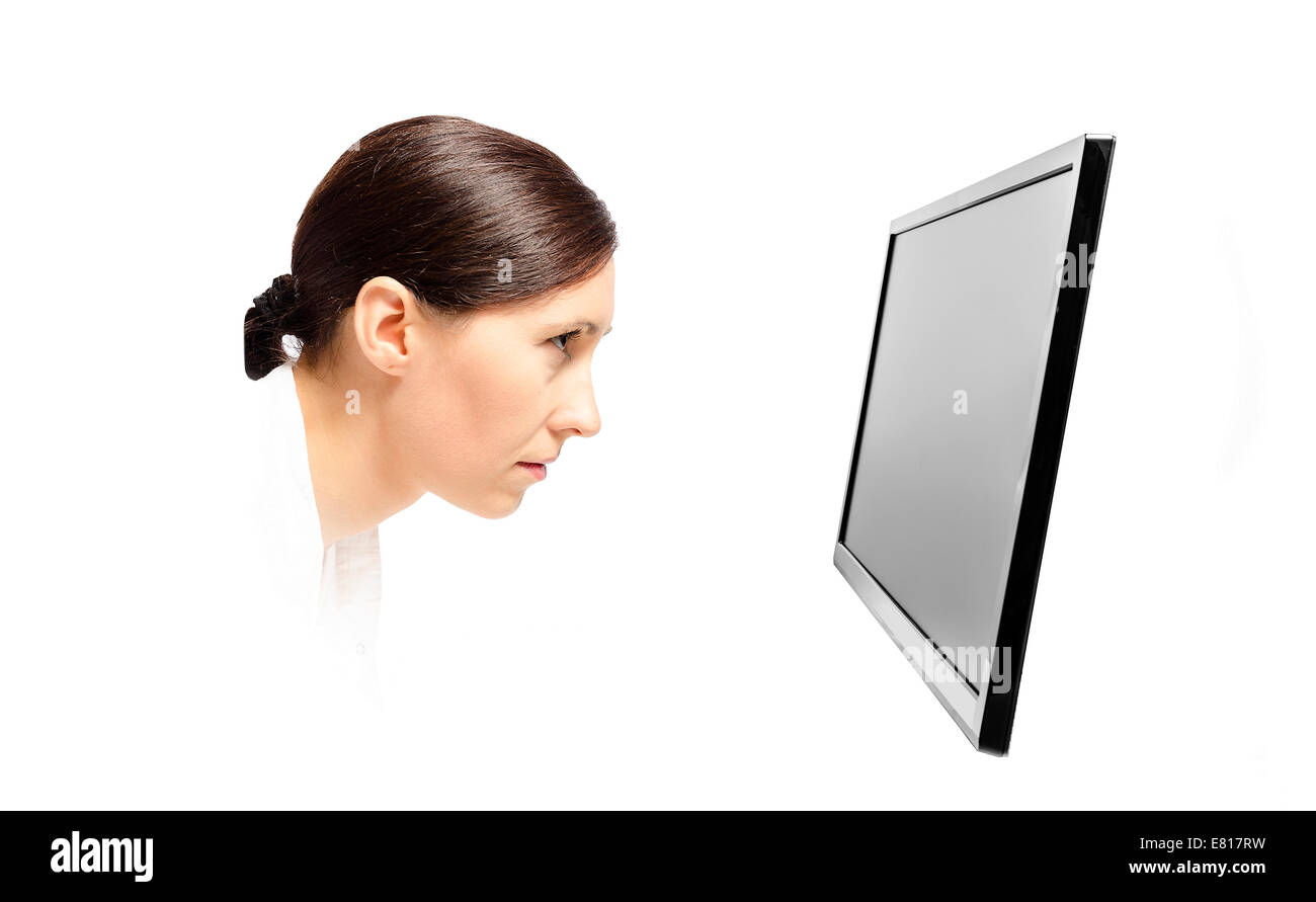 Woman staring at a computer monitor on a white background Stock Photo ...