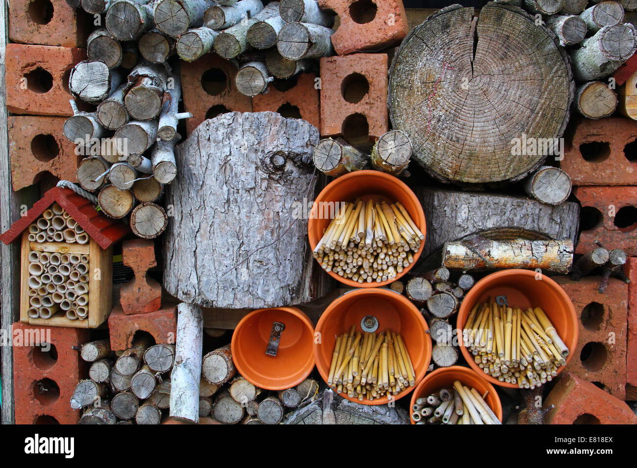 Detail of an insect hotel (wildlife stack) featuring bricks, bamboo ...