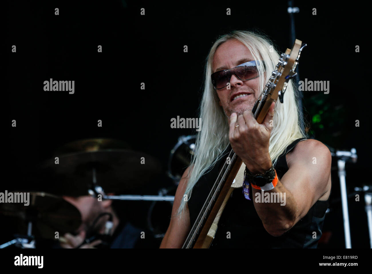 Nick Beggs of Kajagoogoo playing bass on stage at Fairport Convention's ...