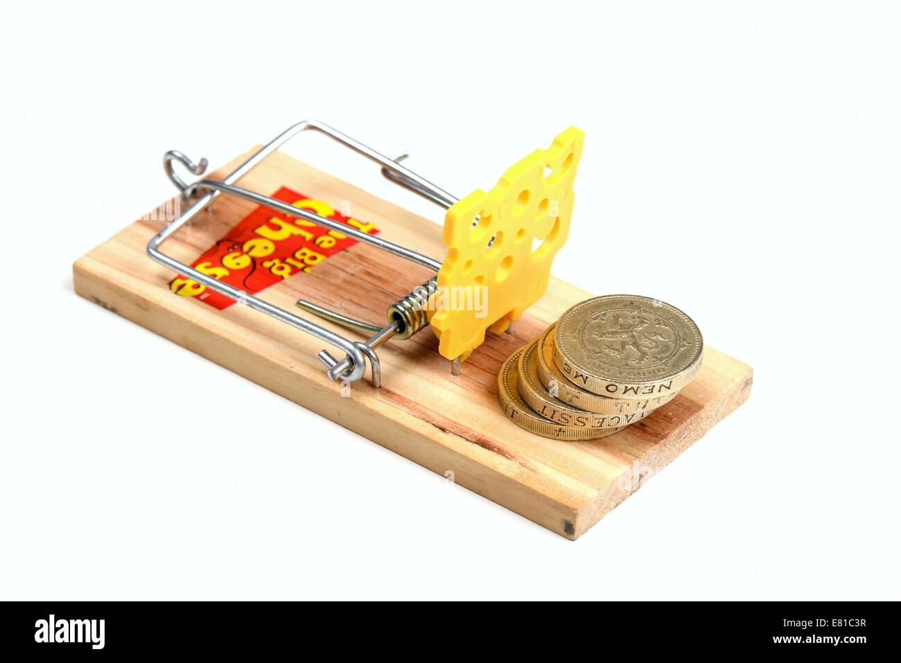 Loaded mouse trap with pound coins as bait Stock Photo - Alamy