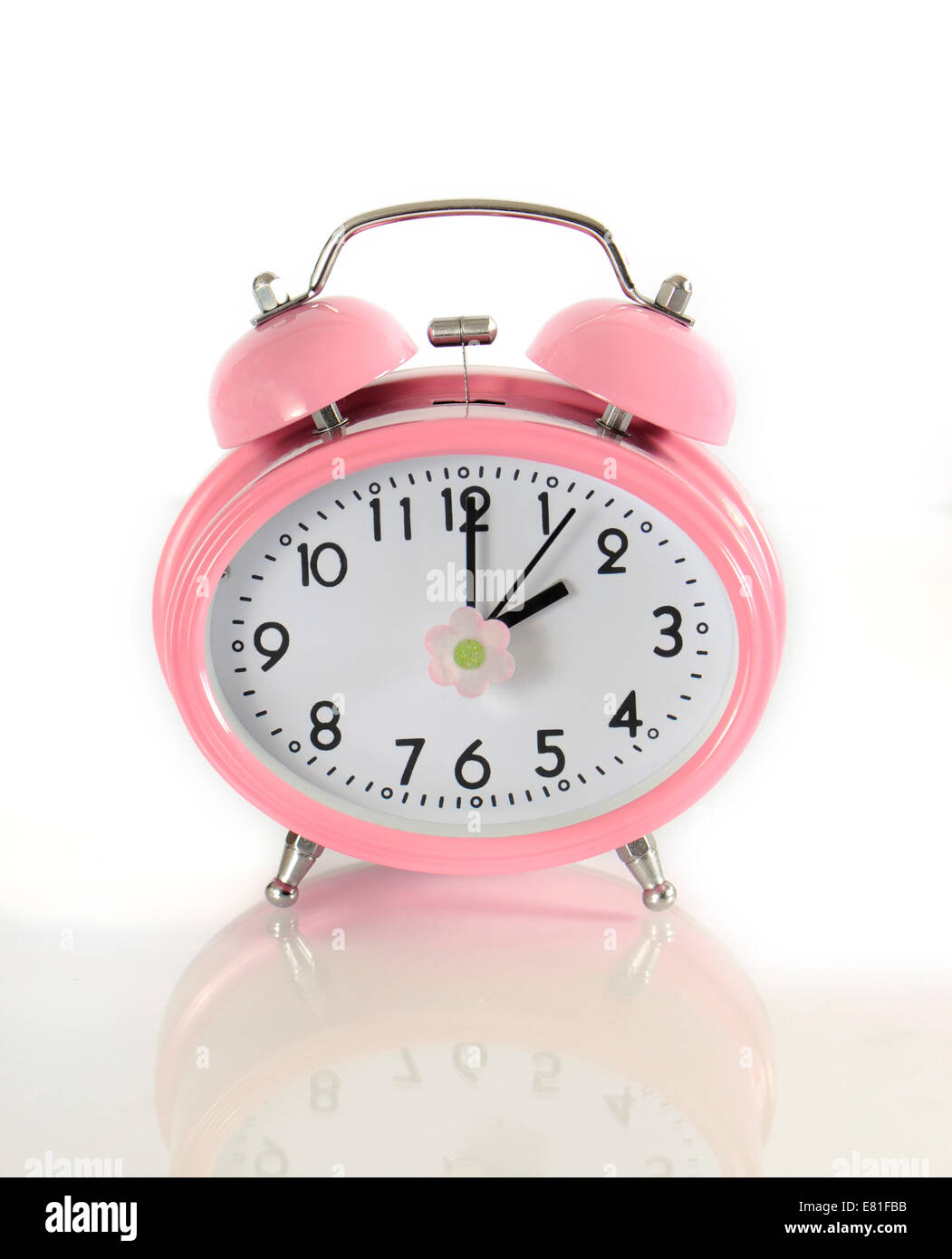 Daylight savings time pink clock on reflective glass concept against a ...