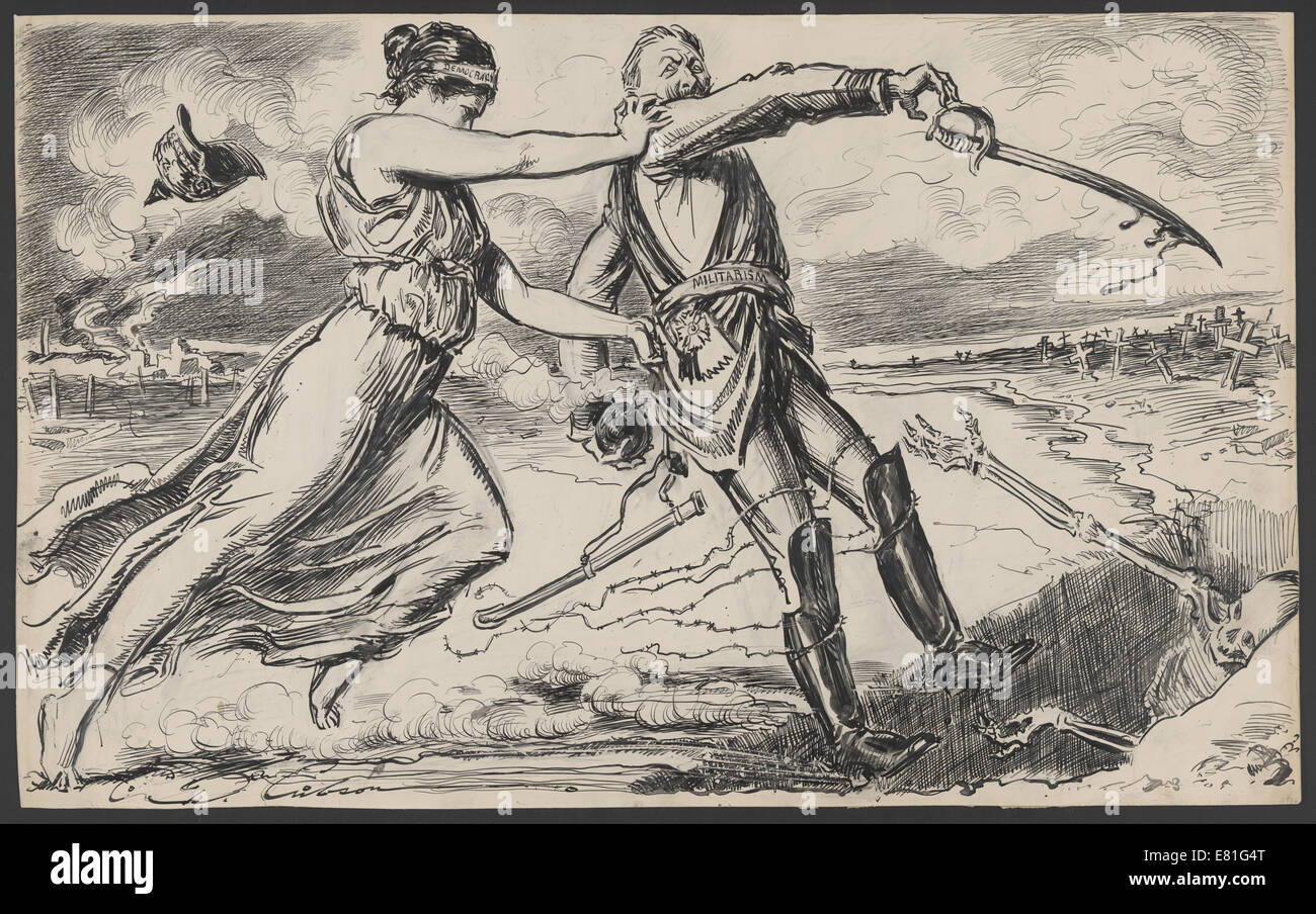 Drawing shows female symbol of Democracy pushing a German soldier ...
