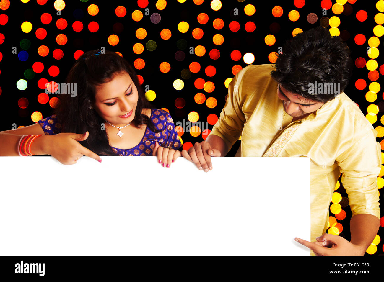indian couple diwali Festival Showing Message Board Stock Photo - Alamy