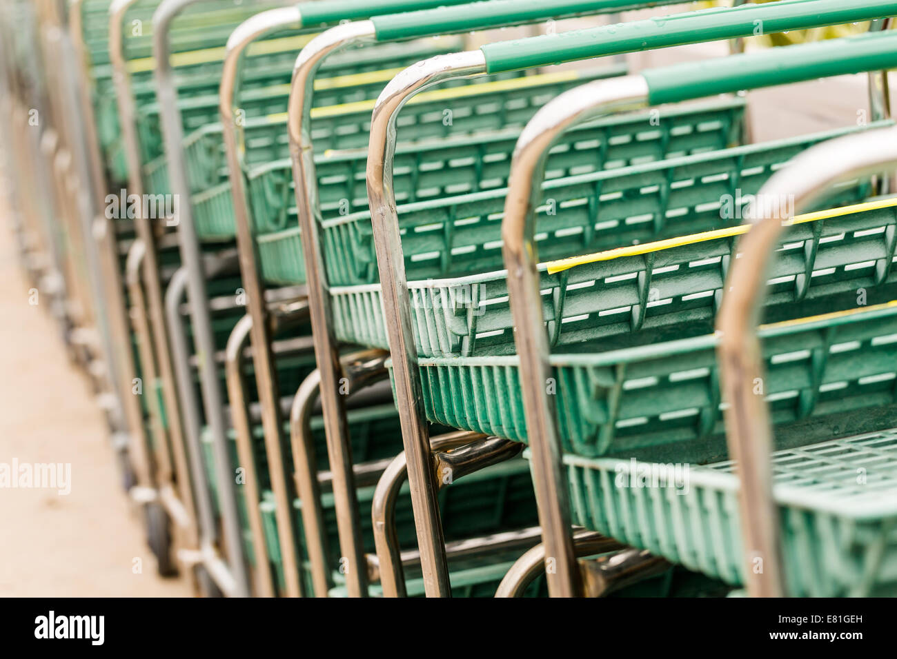 Large green shopping cart in a row Stock Photo - Alamy