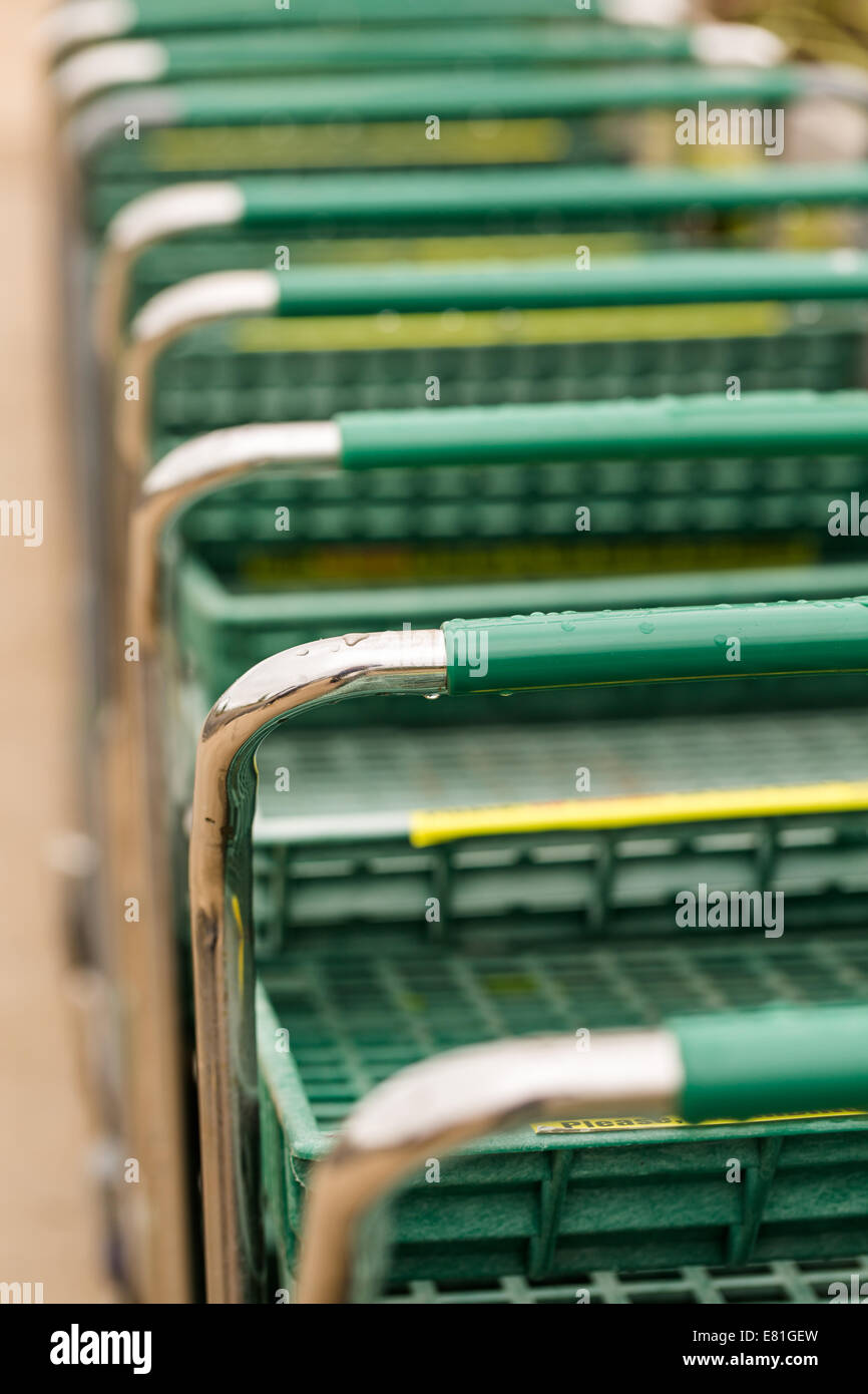 Large green shopping cart in a row Stock Photo - Alamy