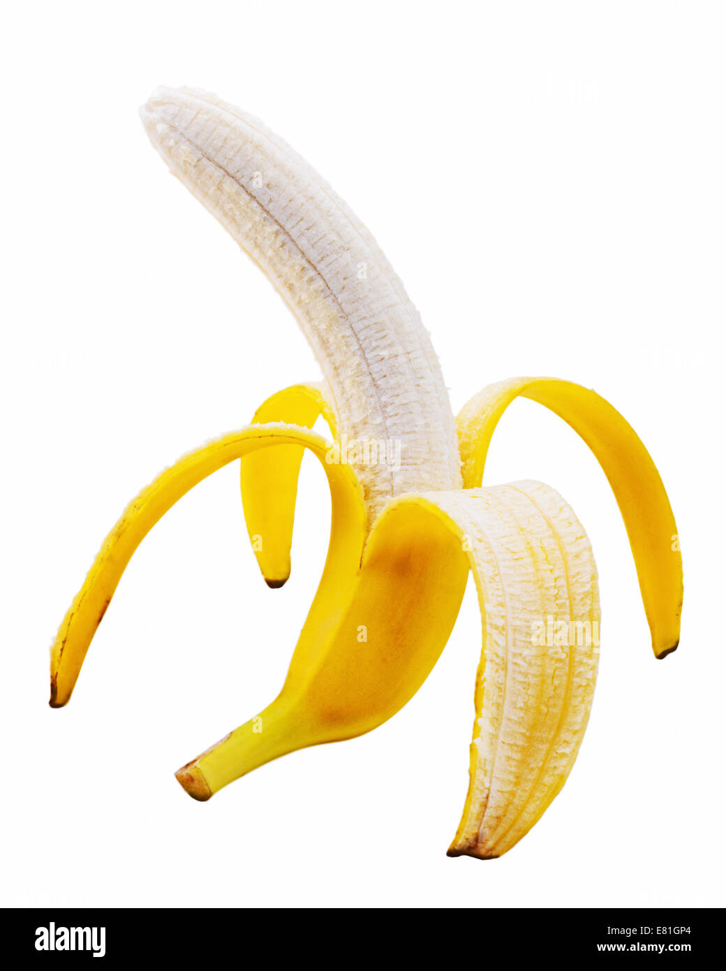Open banana isolated on white background. Closeup Stock Photo - Alamy