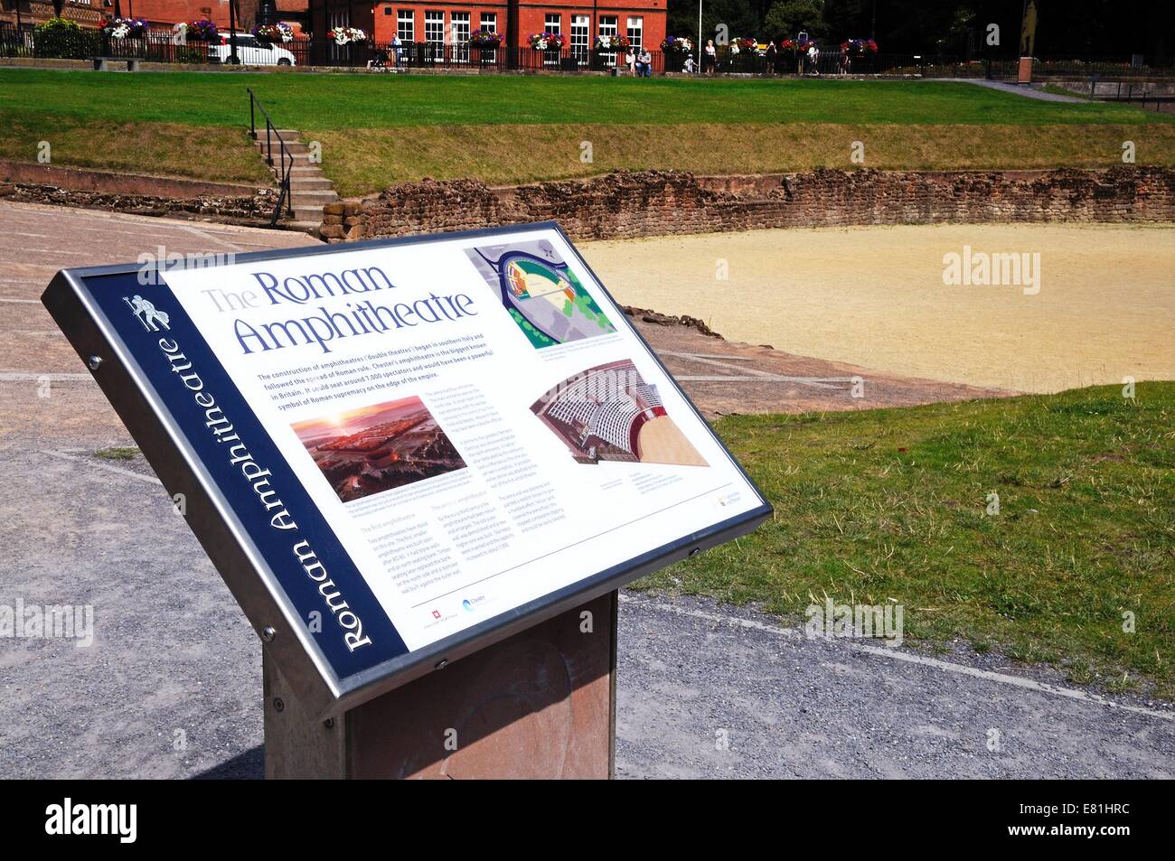 Roman Amphitheatre sign with the Roman Amphitheatre to the rear ...