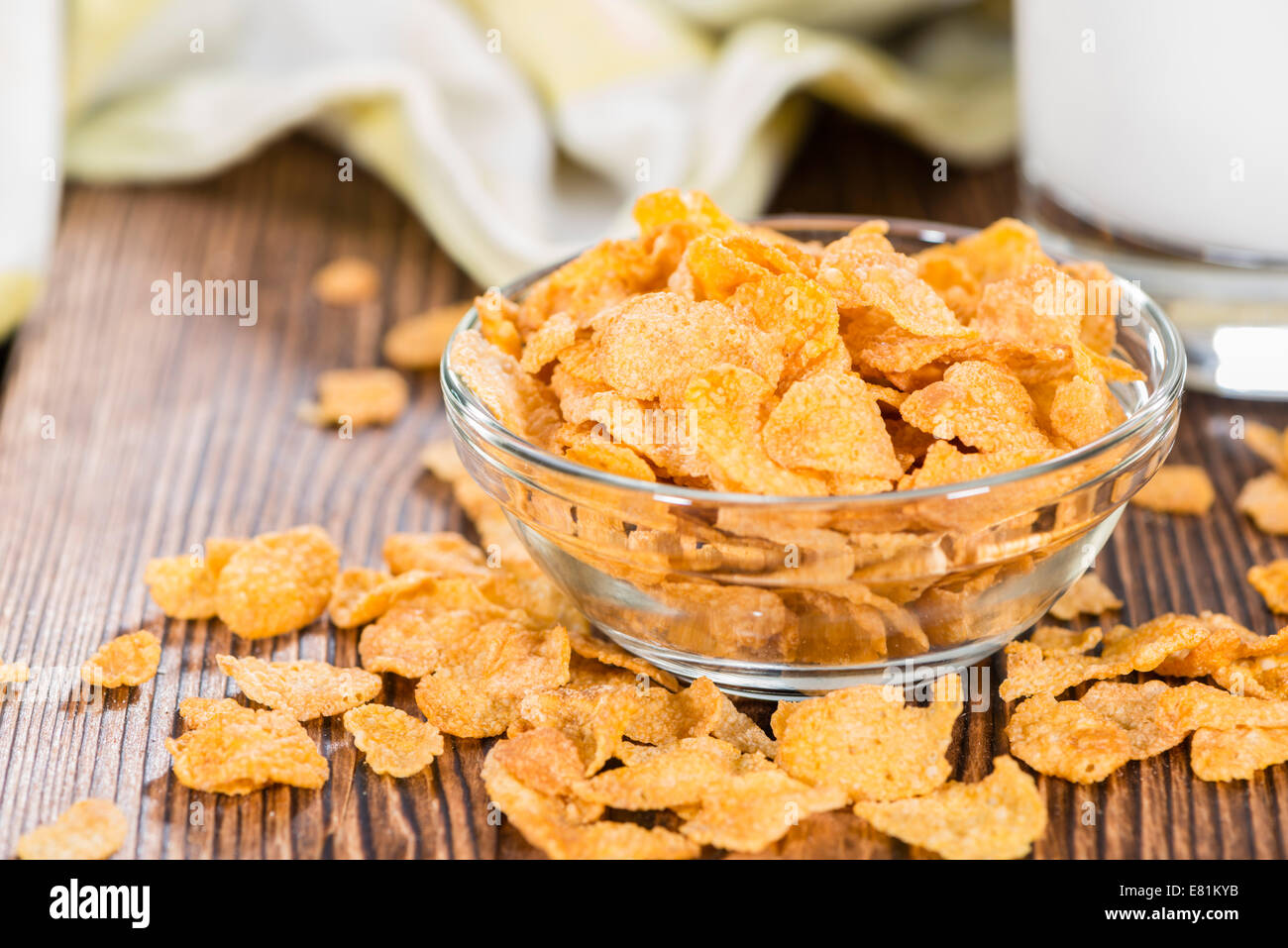 Portion of golden Cornflakes on wooden background (close-up shot Stock ...