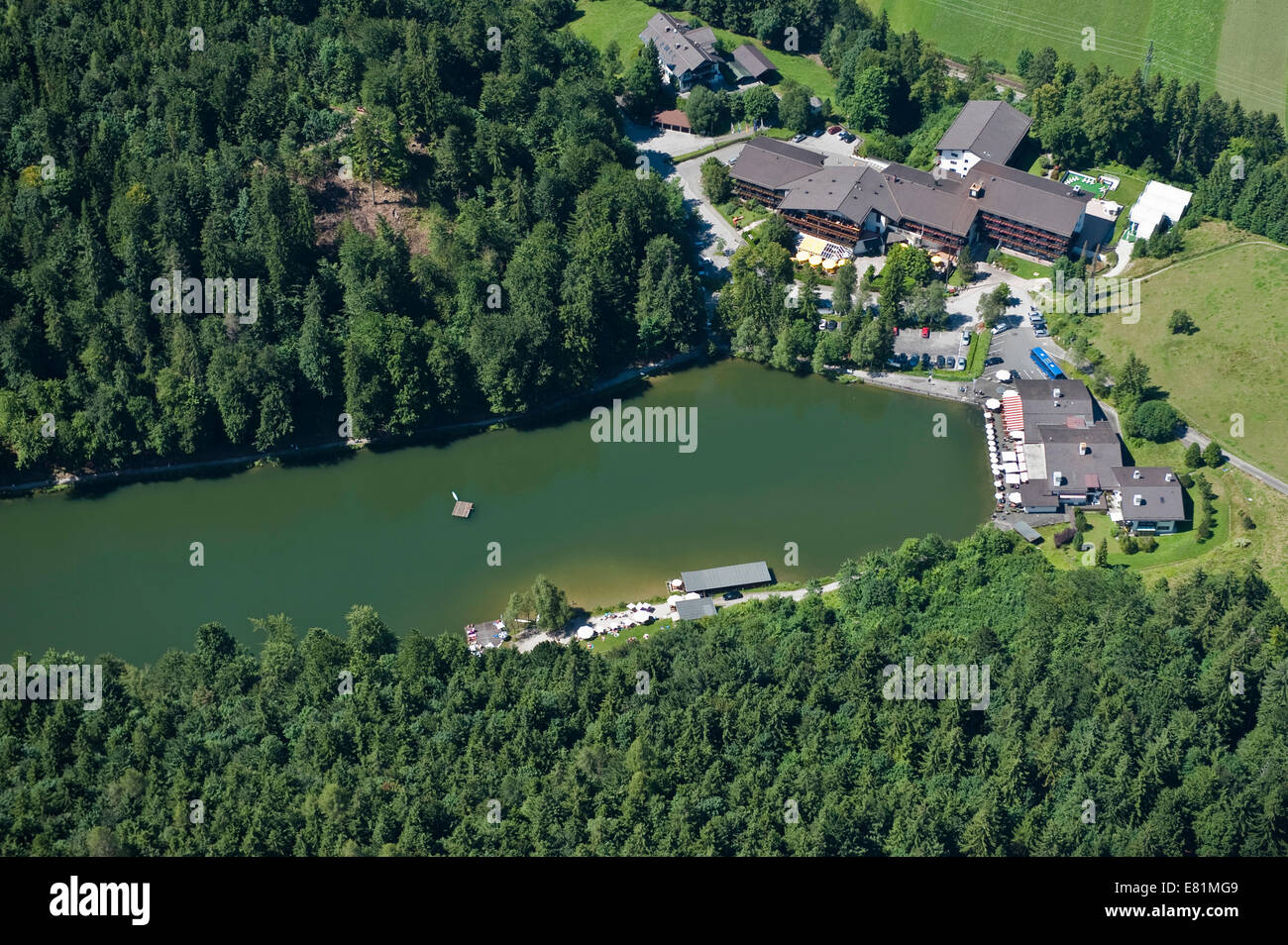Aerial view, Riessersee Lake, Garmisch-Partenkirchen, Werdenfelser Land ...