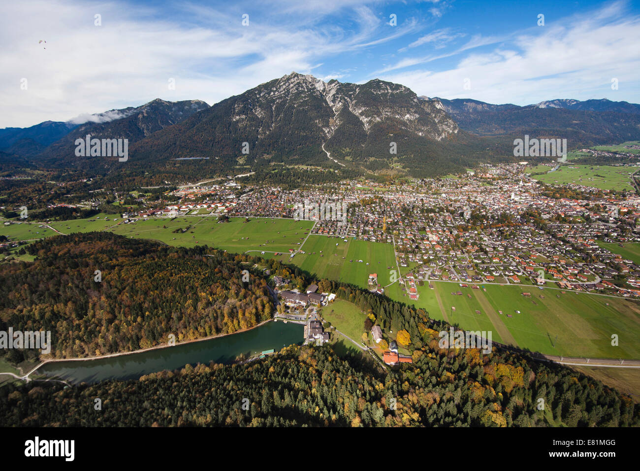 Aerial view, Riessersee Lake, Garmisch-Partenkirchen, Mt Kramerspitz or ...