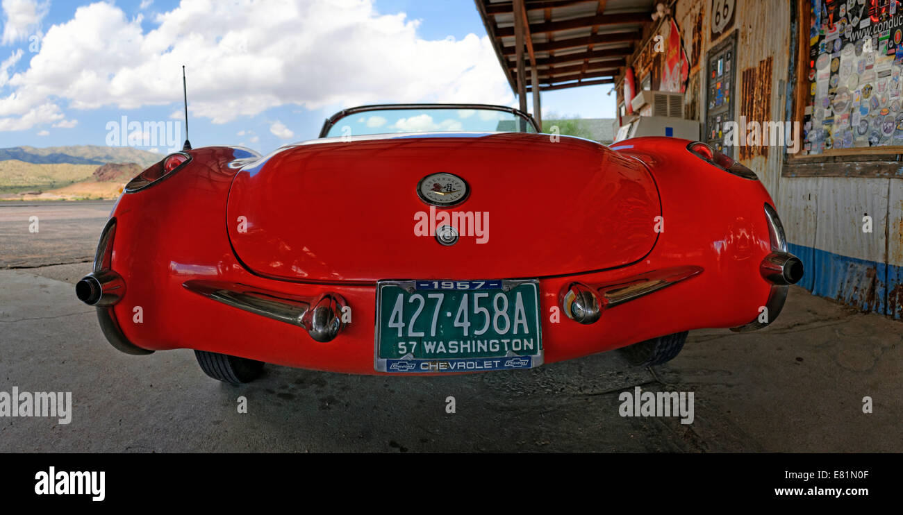 Rear view of a red vintage Chevrolet Corvette Convertible 1957, Route ...
